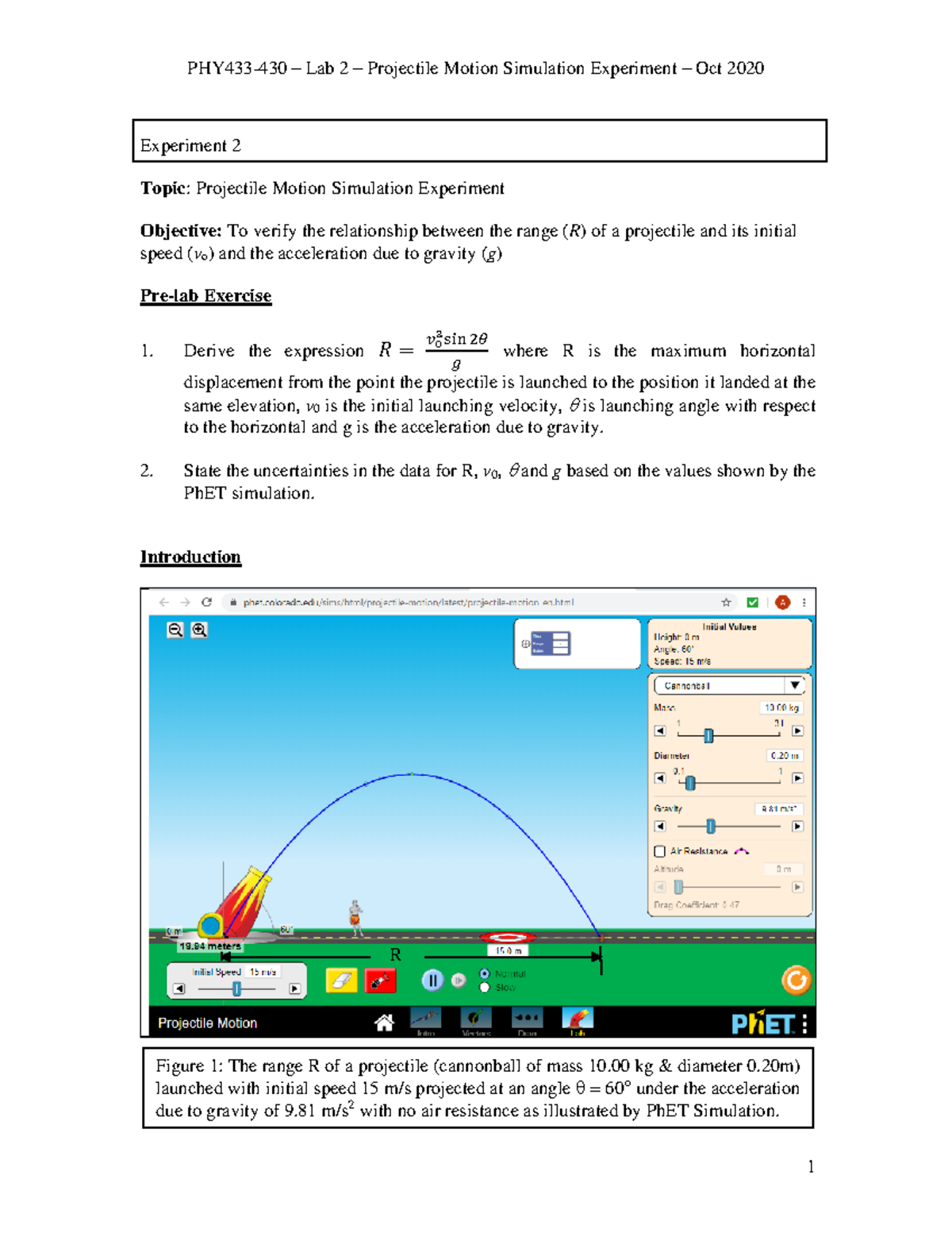Projectile Motion Simulation - Lab 2 - PHY433-430 - Oct 2020 - Studocu