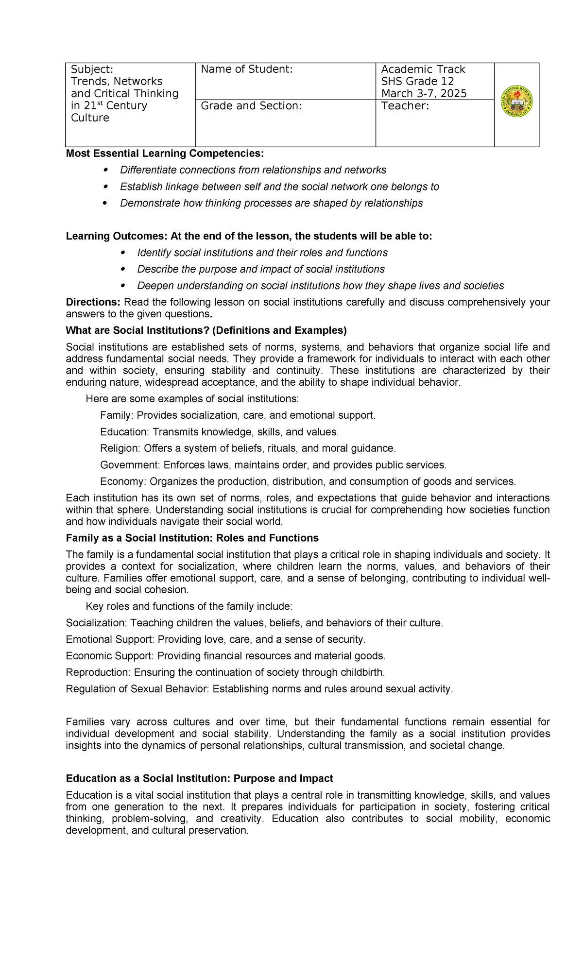 TNCT Activity Sheet March 3 72025 - Most Essential Learning ...