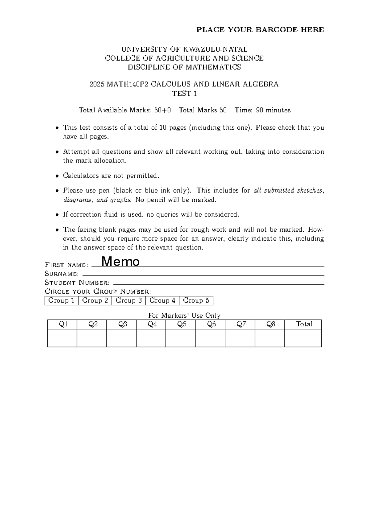 2025 MATH140 P2 Calculus & Linear Algebra Test 1 Guide - Studocu