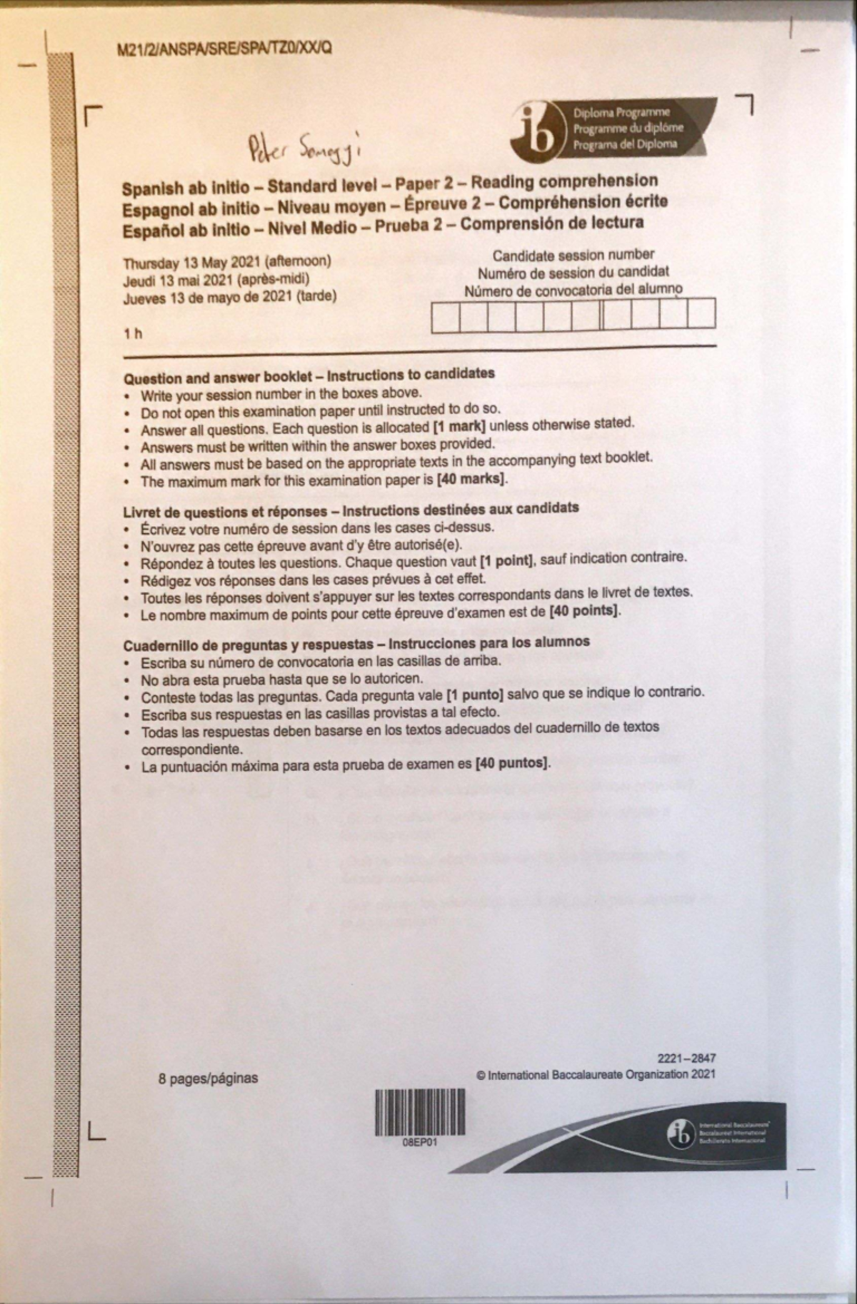 Spanish Ab Initio September 2021 Practice Paper 2 Reading Comprehension ...