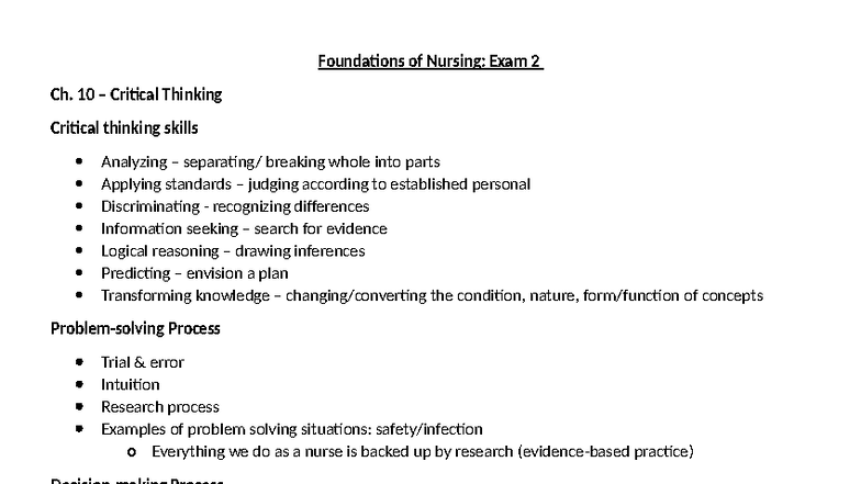NUR 155 Exam 2 study guide 1 - Founda'ons of Nursing: Exam 2 Ch. 10 ...