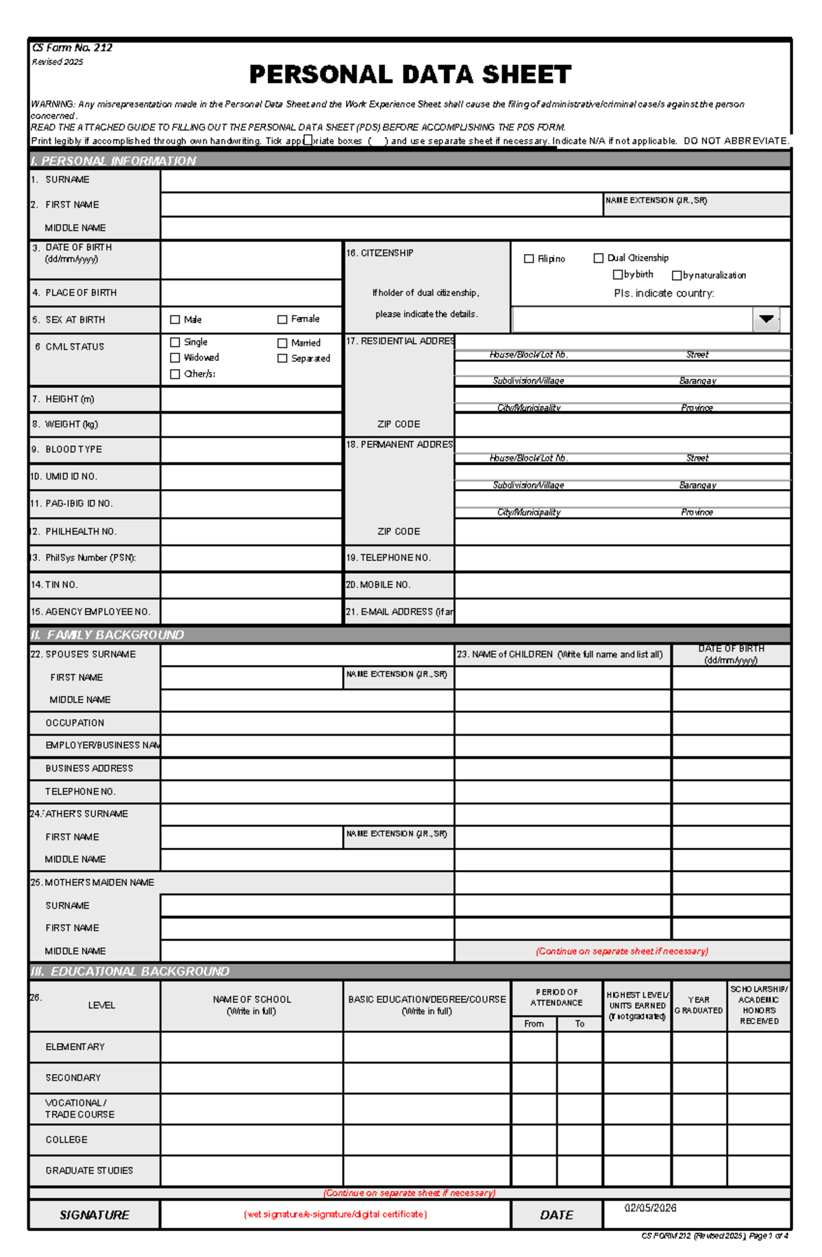 CS Form No. 212: Personal Data Sheet (Revised 2025) Guide - Studocu