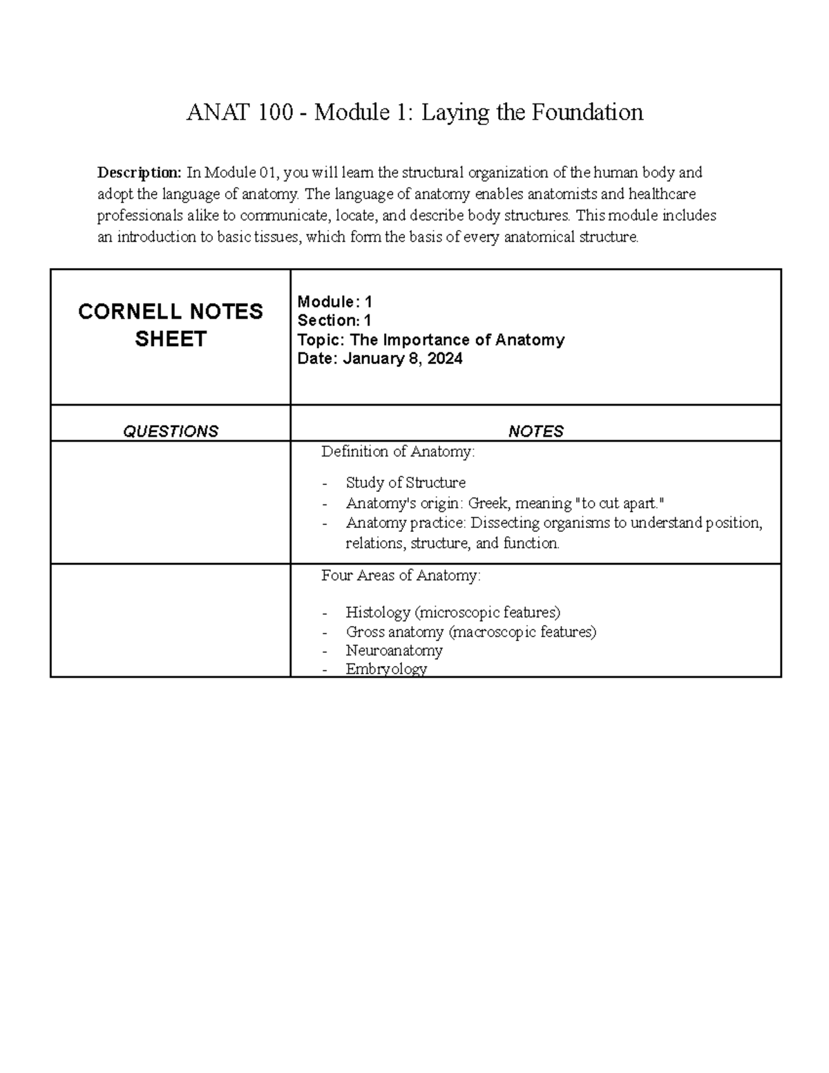 ANAT100 Module 1 Notes - ANAT 100 - Module 1: Laying the Foundation ...