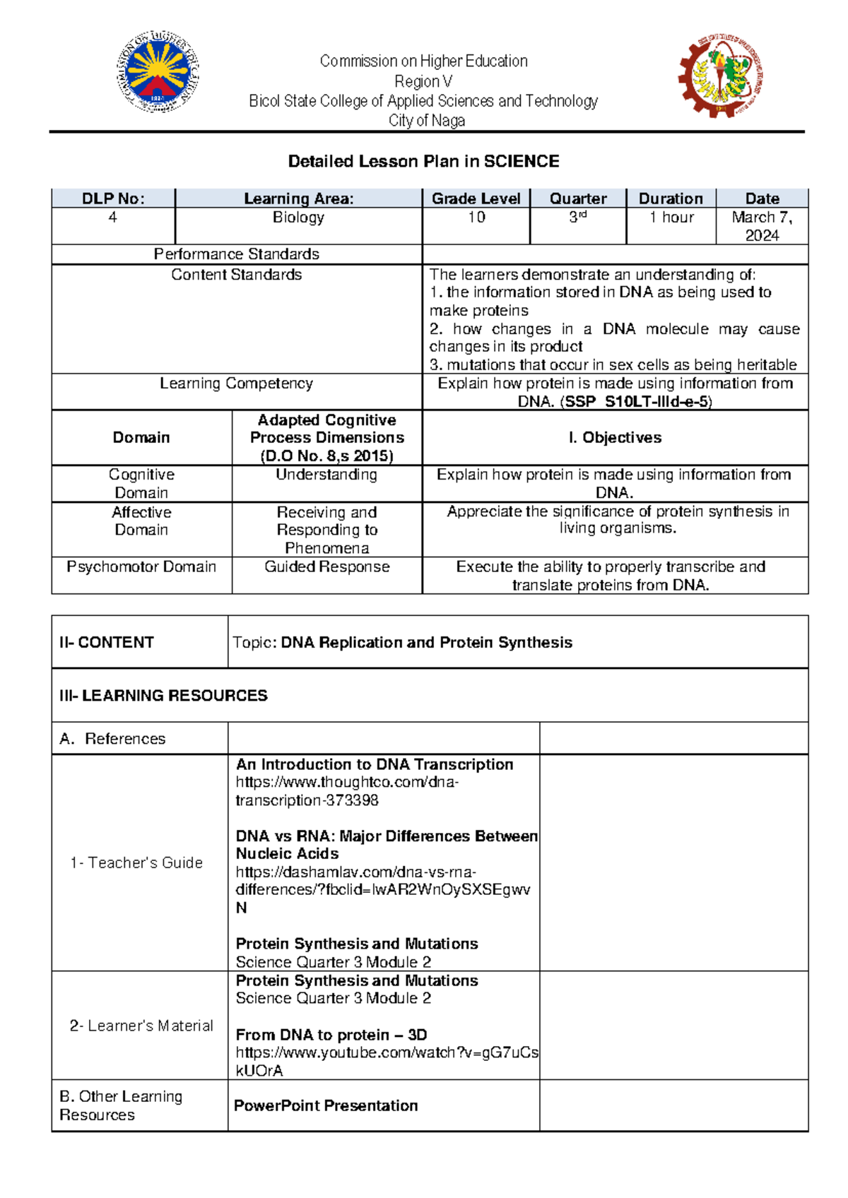 DLP - Detailed Lesson Plan on Protein Synthesis in Biology 10 - Studocu