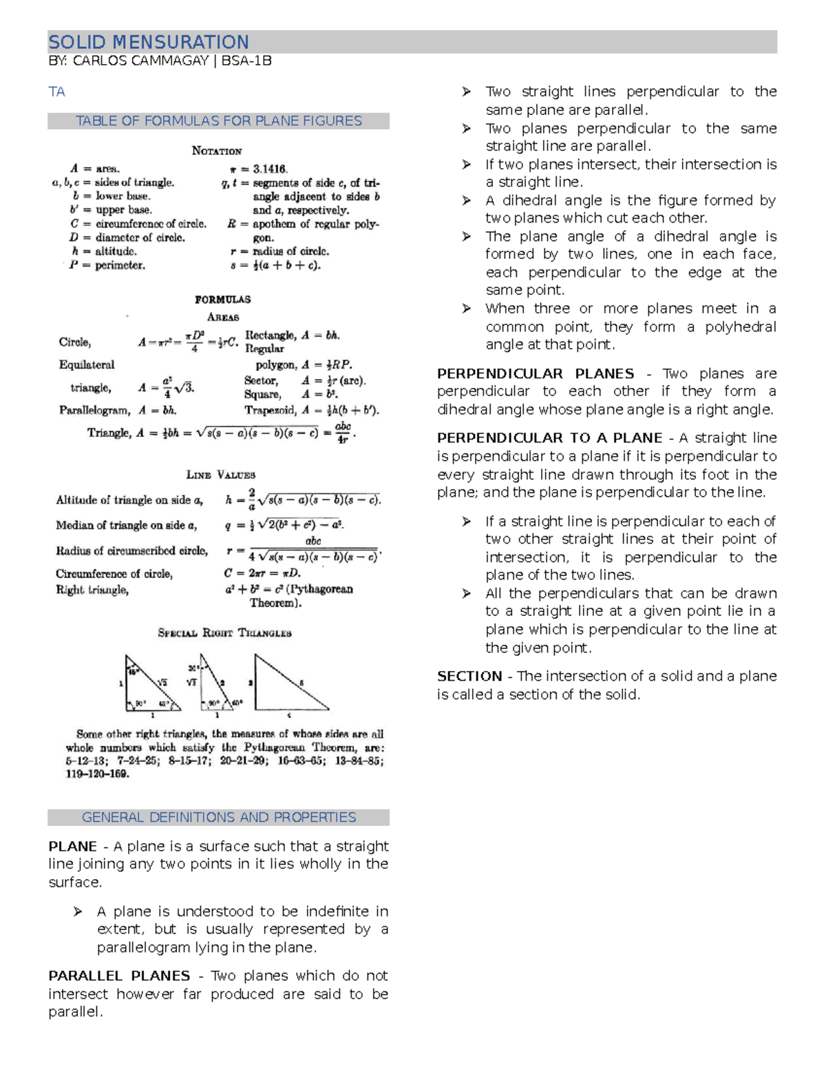 Solid Mensuration (MATH 101): Key Formulas for Plane Figures - Studocu