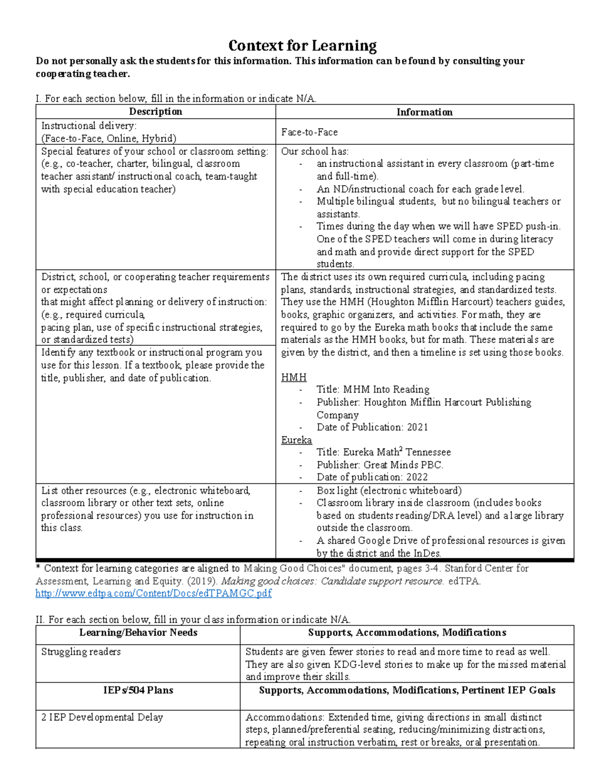 TWS Task 1: Context for Learning & Instructional Delivery Analysis - Studocu