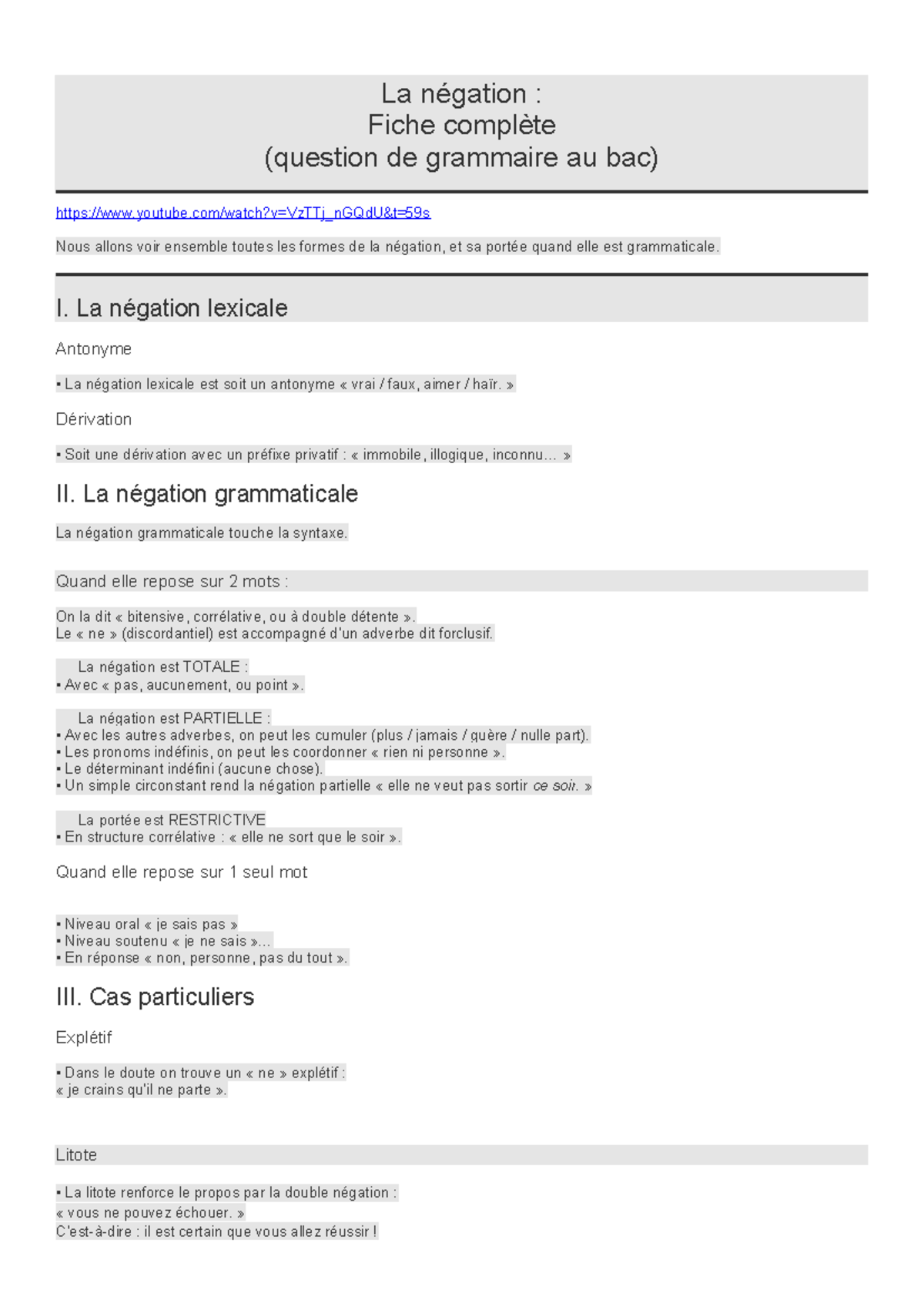 Négation en Grammaire: Point Clé pour le Bac - Fiche Complète - Studocu