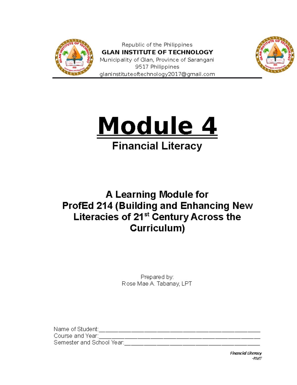 Module 4 Financial Literacy - ProfEd 214 Learning Module - Studocu