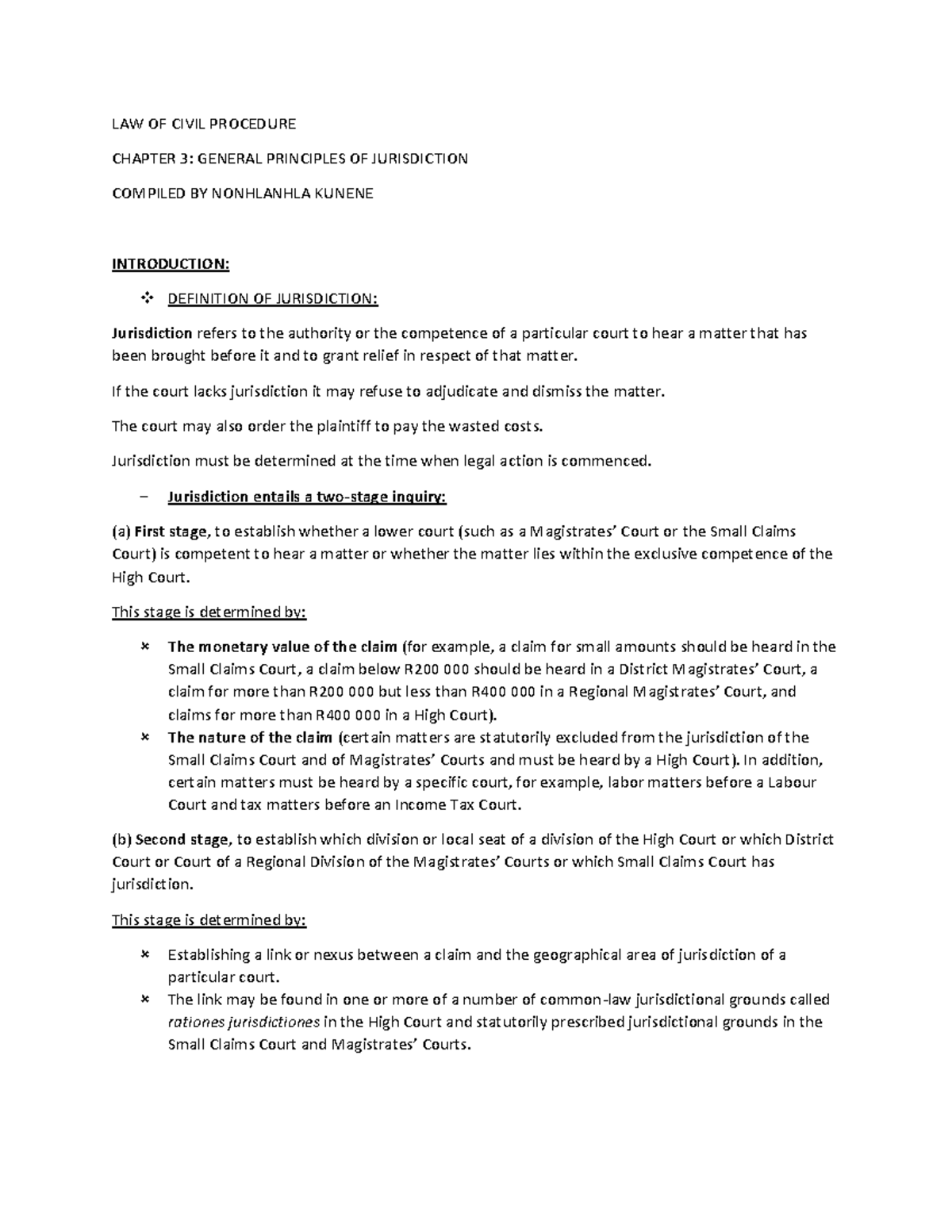 Civil Procedure Chapter 3: Jurisdiction Principles Explained - Studocu