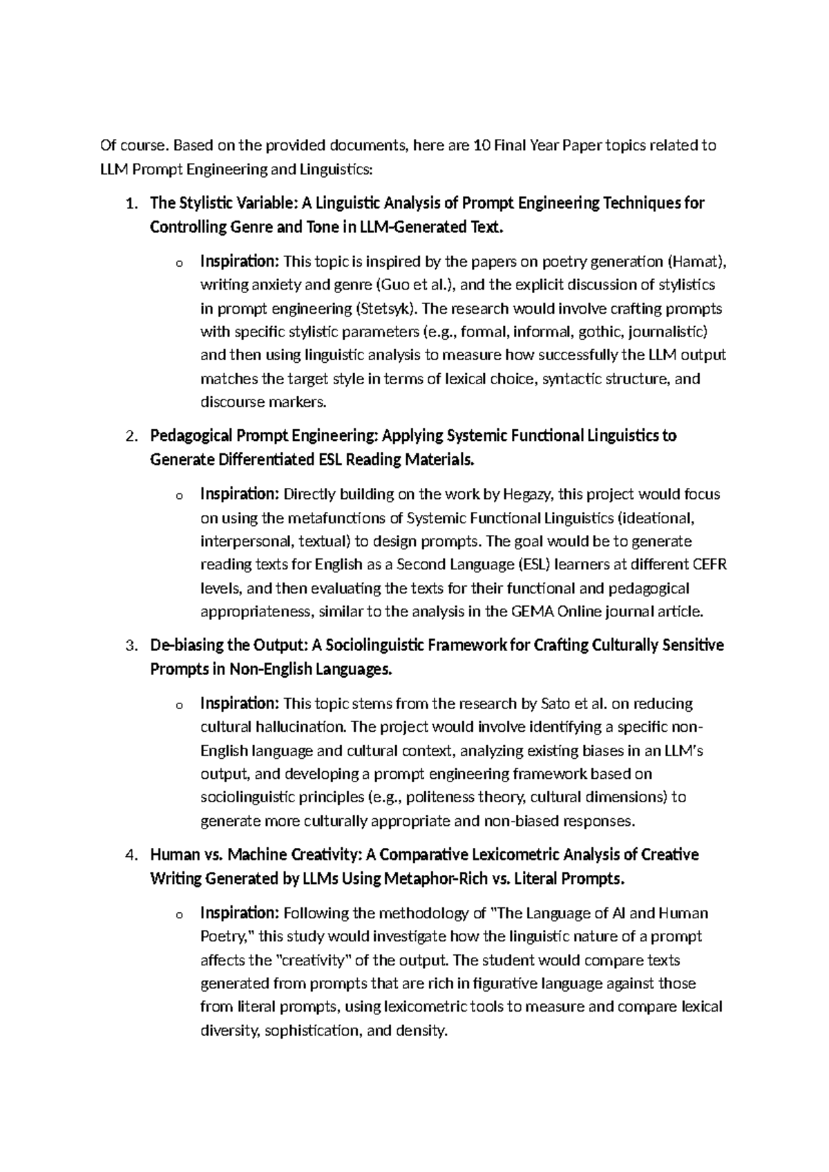 Final Year Paper Topics on LLM Prompt Engineering and Linguistics - Studocu