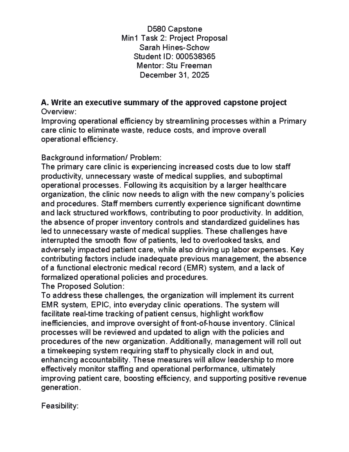 D580 Capstone Min1 Task 2: Project Proposal on Operational Efficiency ...