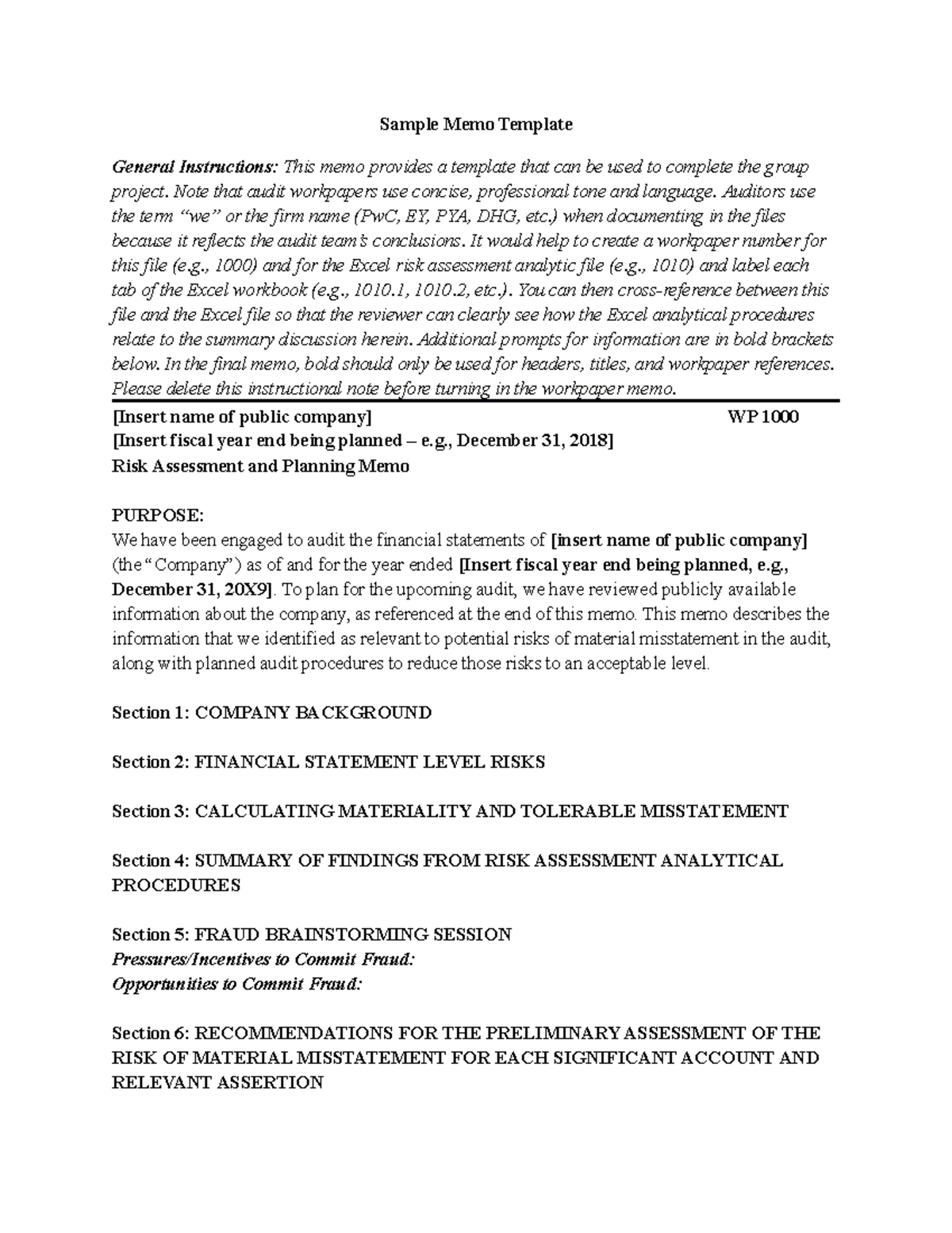 Risk Assessment Planning Memo Template - Project Work - Studocu