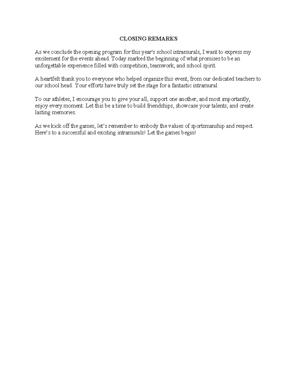 Closing Remarks for School Intramurals Program 2023 - Studocu