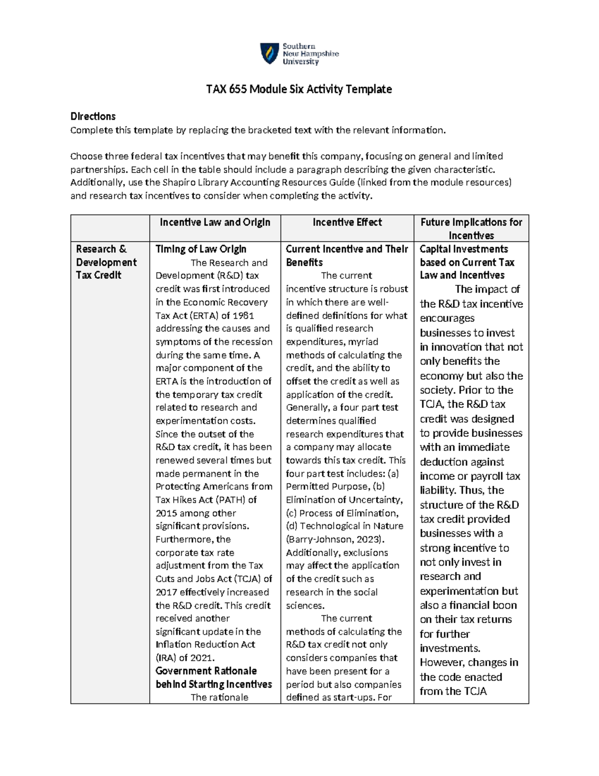 TAX 655 Module Six Activity: Federal Tax Incentives Overview - Studocu