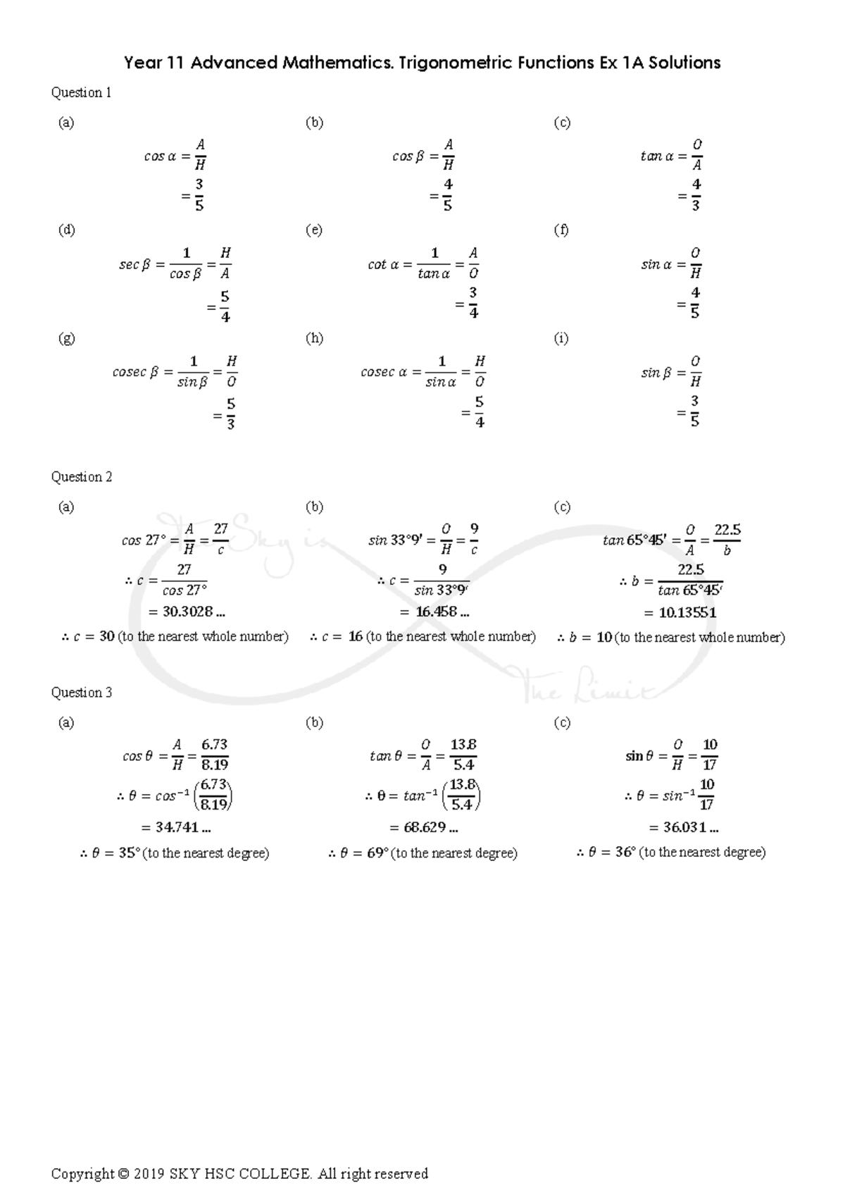Trigonometric Functions Ex 1A Solutions - Year 11 Advanced Mathematics ...