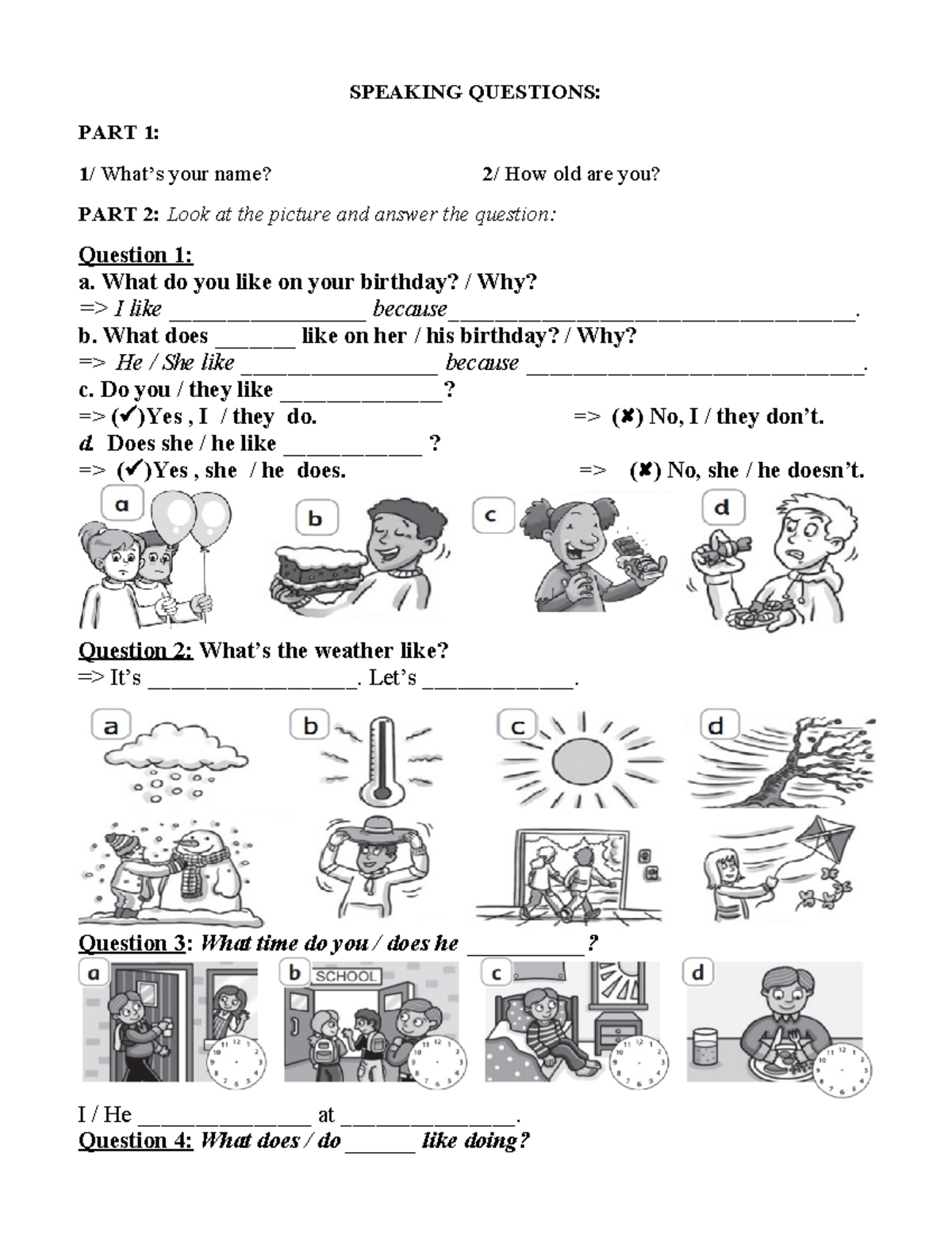 SPEAKING QUESTIONS: PART 1 & 2 for Course 4142 Nói - English for Kids ...