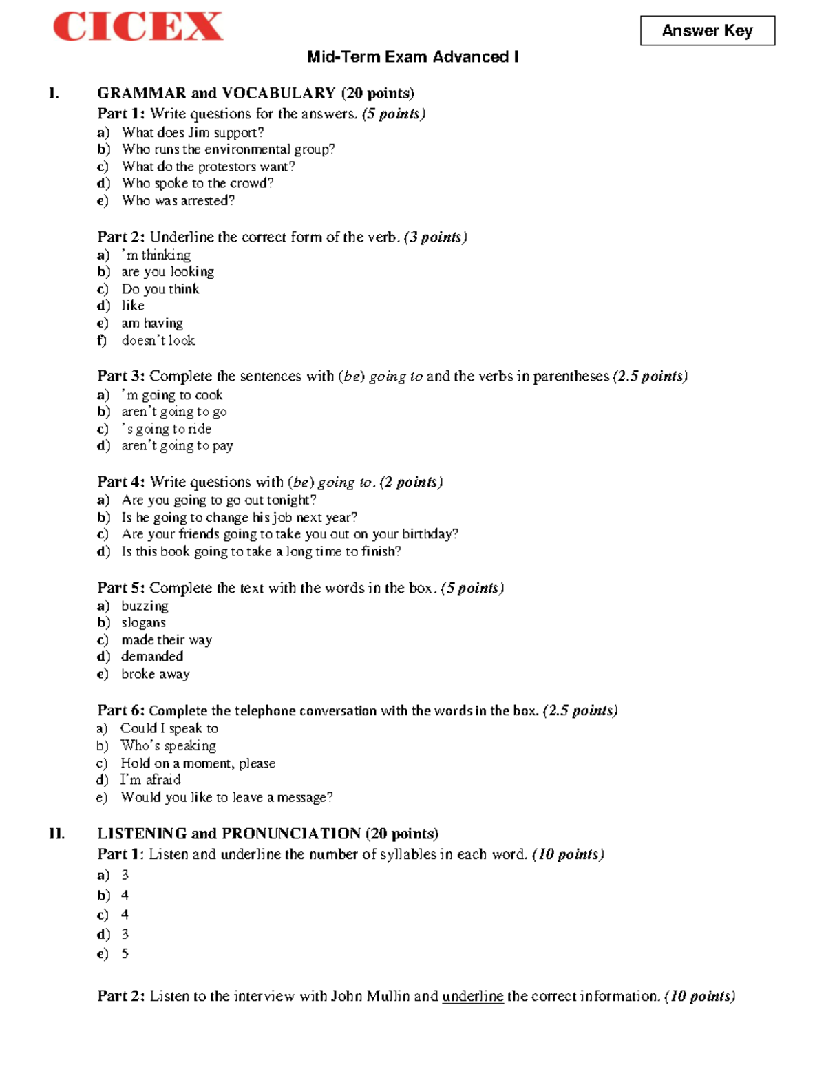 A01-Midterm Exam Answer Key - Advanced I Grammar & Listening - Studocu