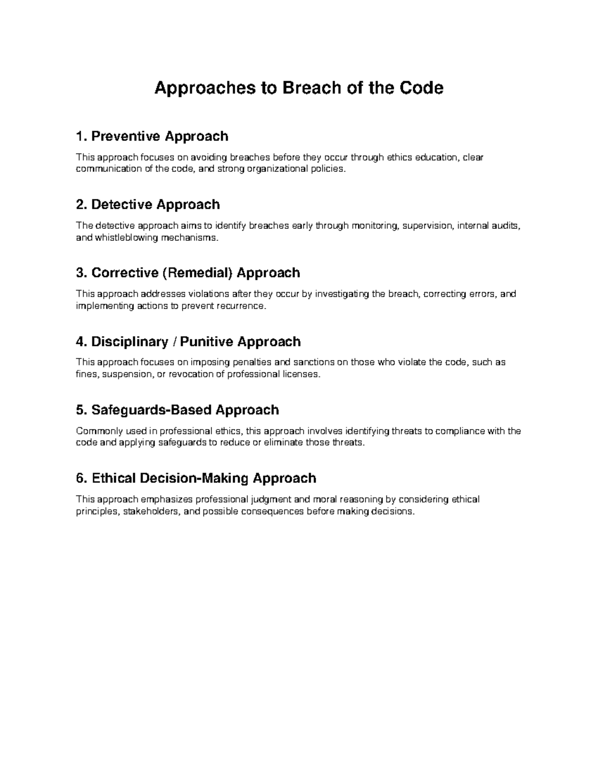 Approaches to Breach of the Code: Preventive, Detective, and Corrective ...
