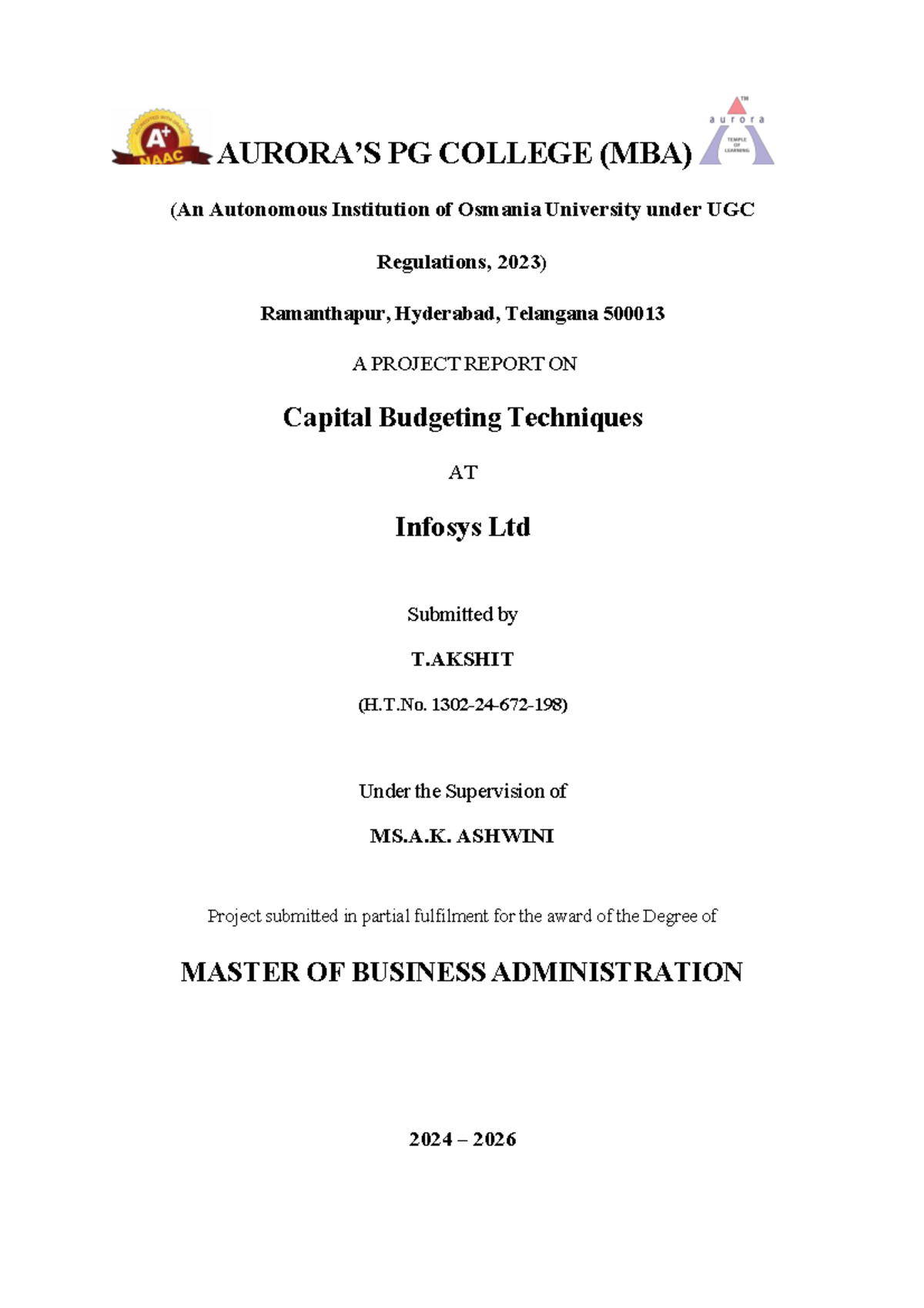 MBA Project Report on Capital Budgeting Techniques at Infosys Ltd - Studocu