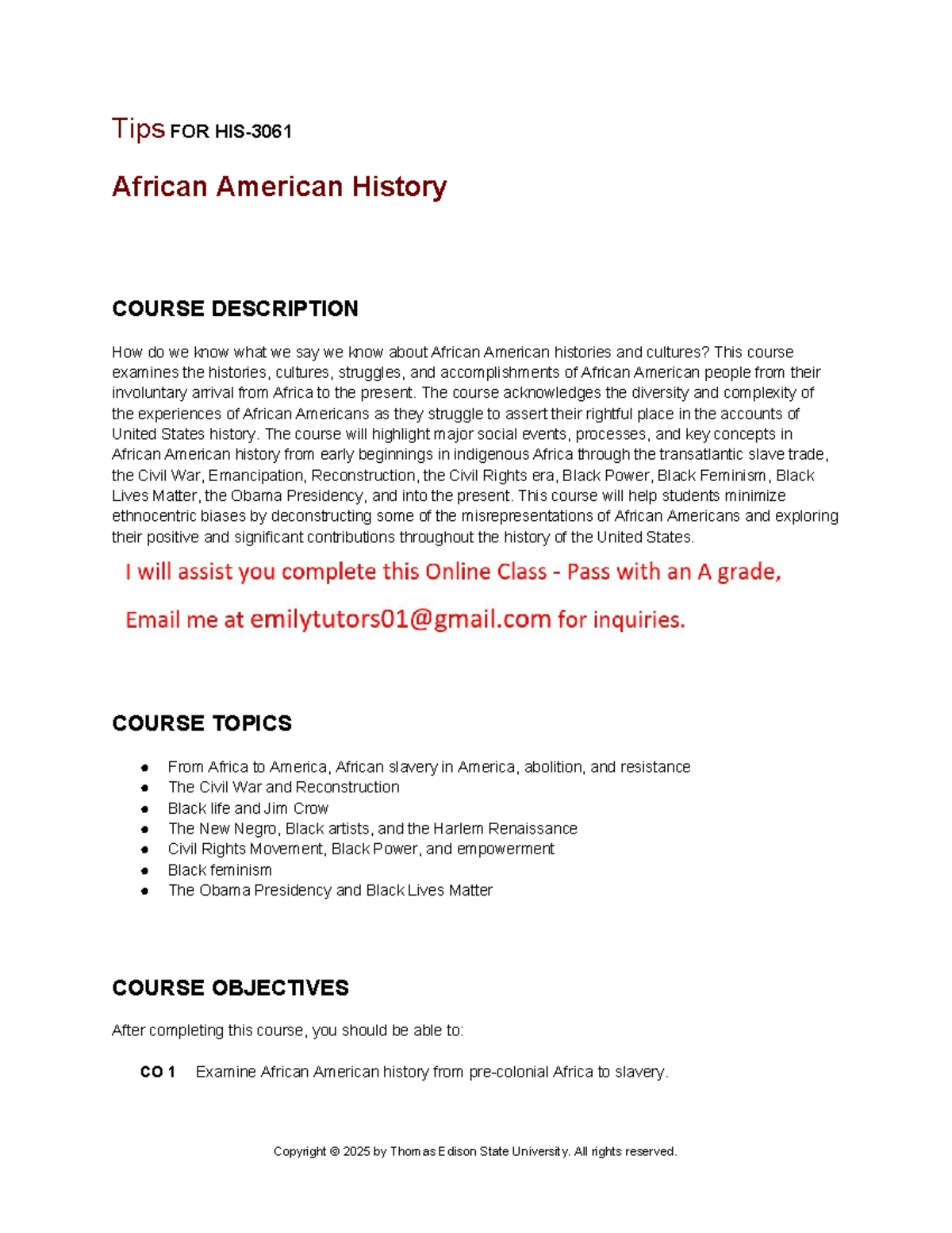 HIS 3061 African American History: Course Overview and Objectives - Studocu