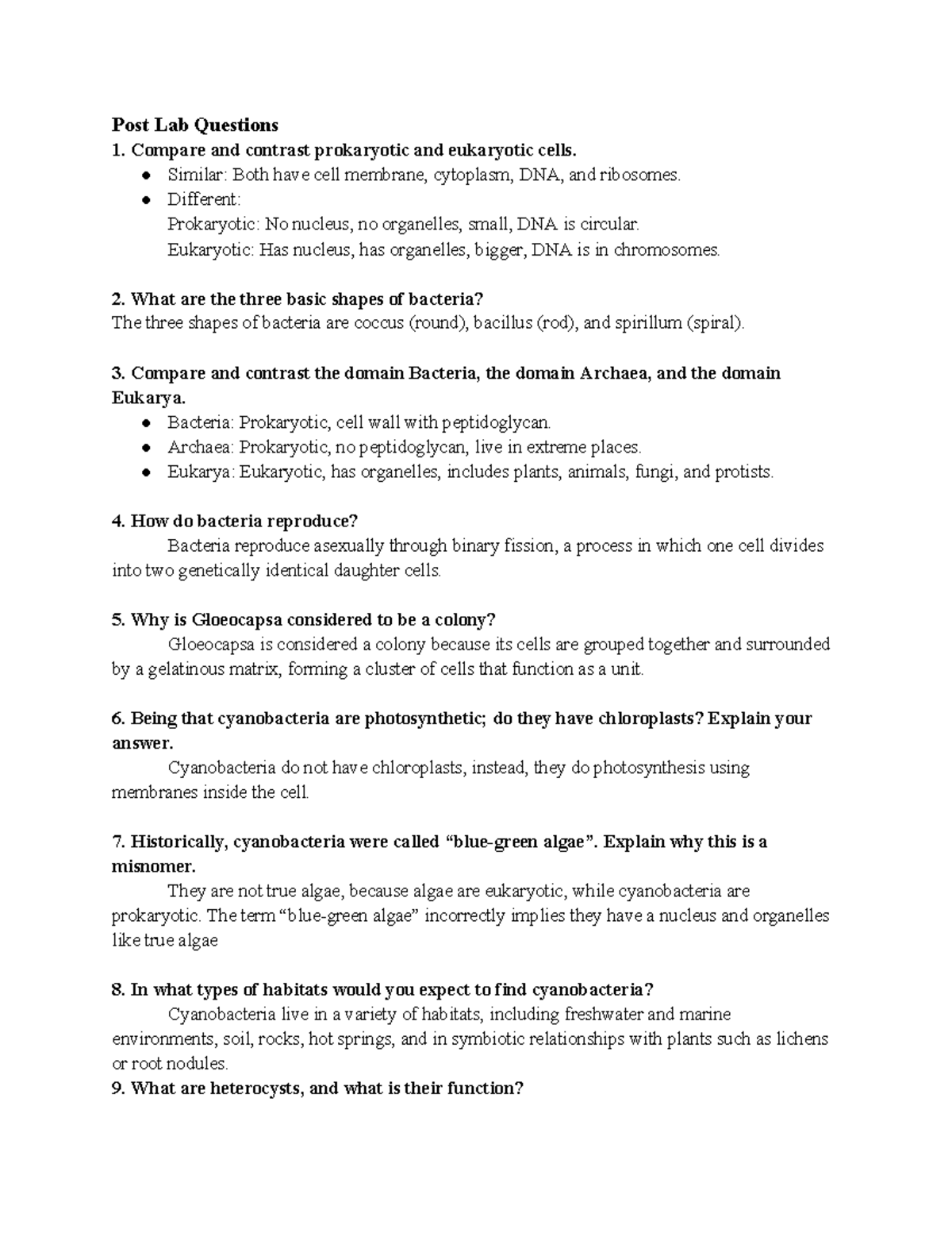 Post Lab Questions 2: Prokaryotic vs Eukaryotic Cells and Bacteria ...