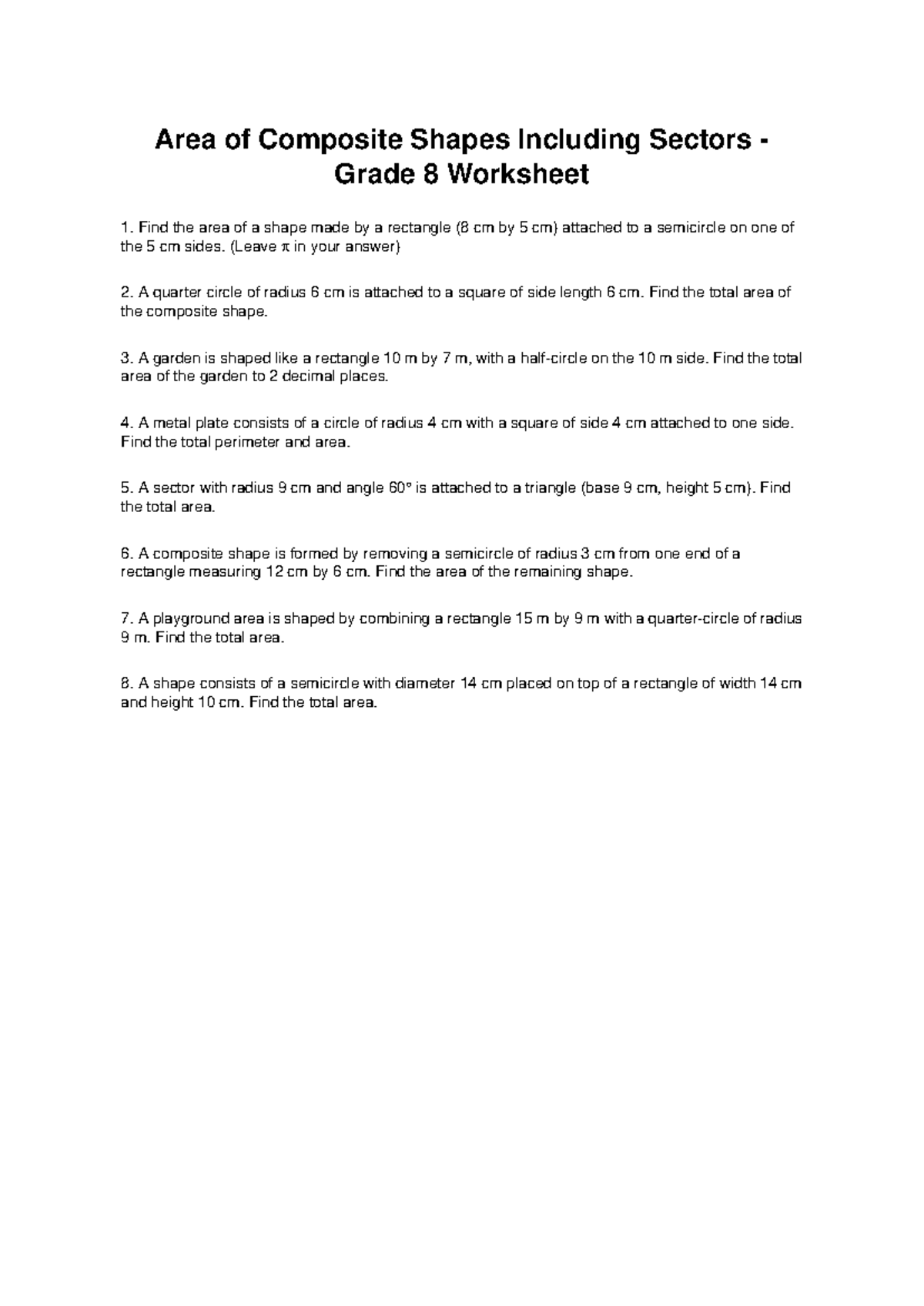 Grade 8 Composite Shapes & Sectors Worksheet - Studocu