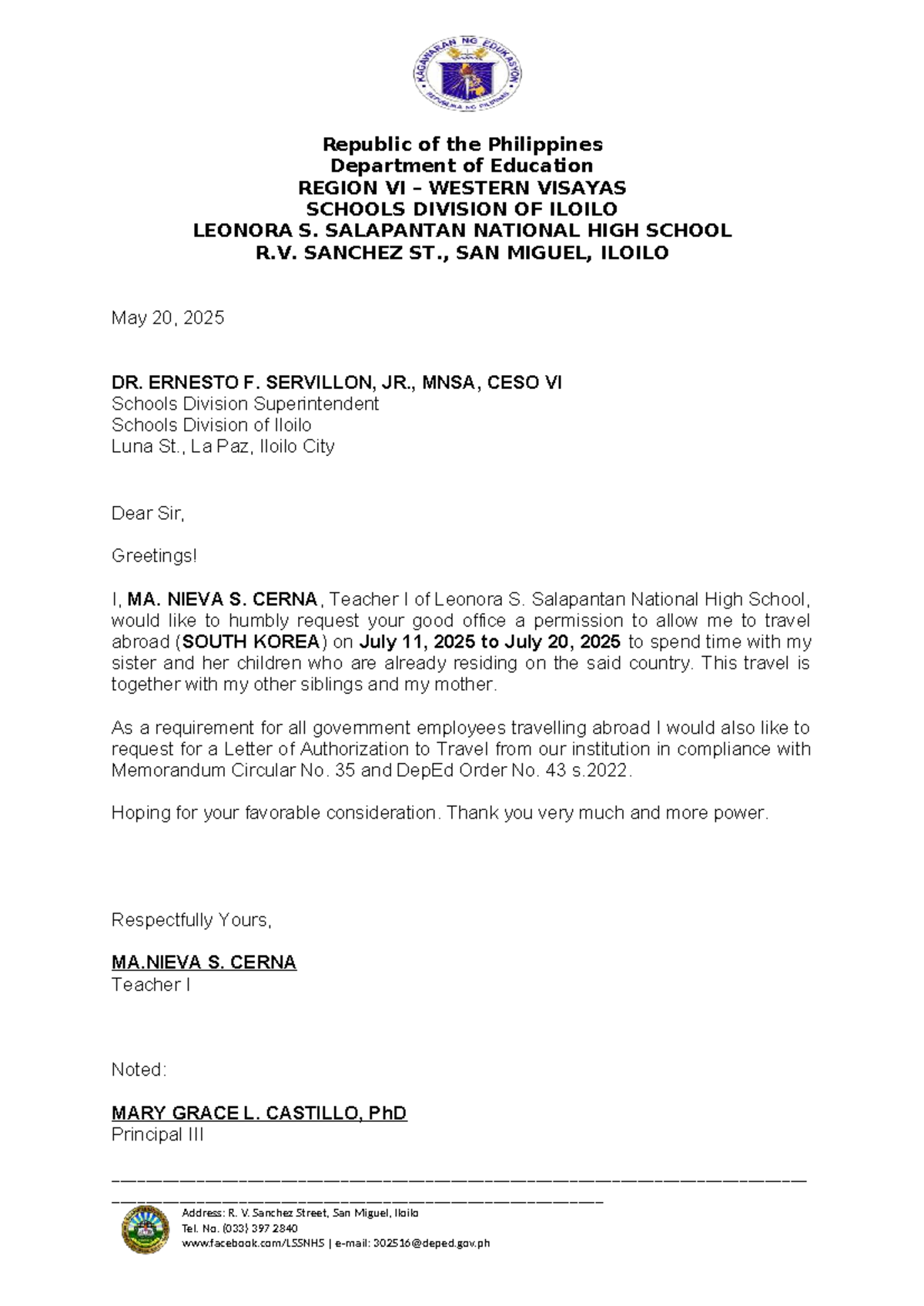 Letter of Authorization to Travel - DepEd Request - Studocu
