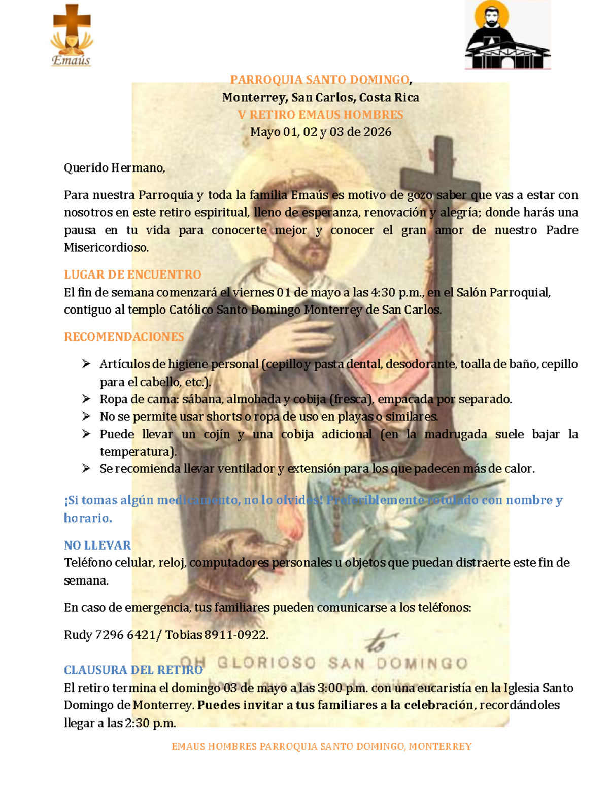 Recomendaciones para el Retiro Emaús Hombres - Parroquia Santo Domingo ...
