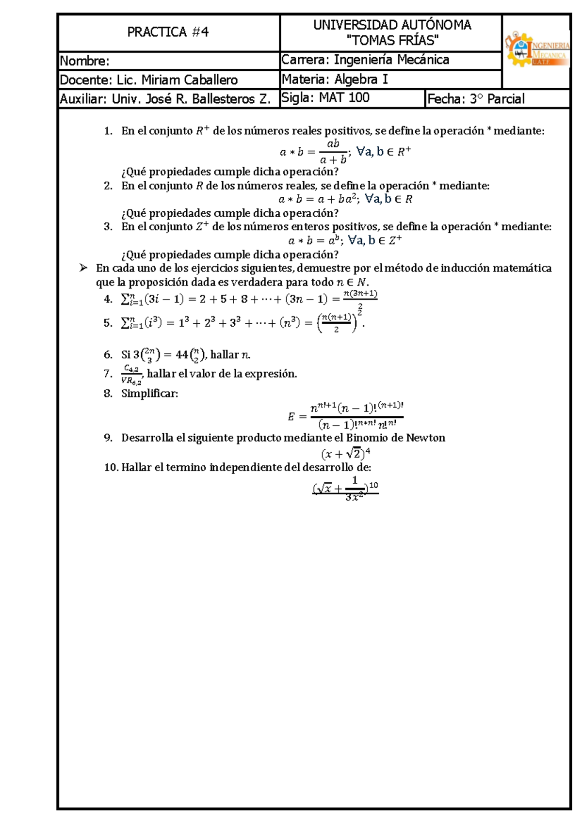 Practica #4 Estructuras Algebraicas y Conbinatoria - PRACTICA # 4 UNIVERSIDAD AUTÓNOMA "TOMAS ...