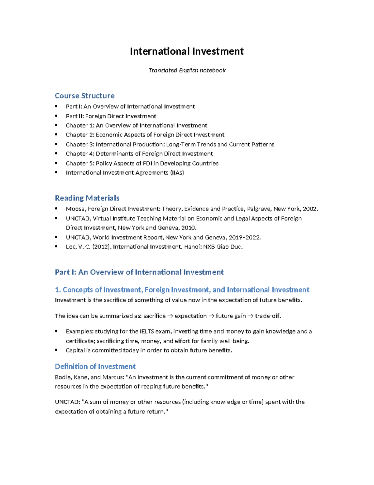 International Investment (Course Code) Overview & Key Concepts - Studocu