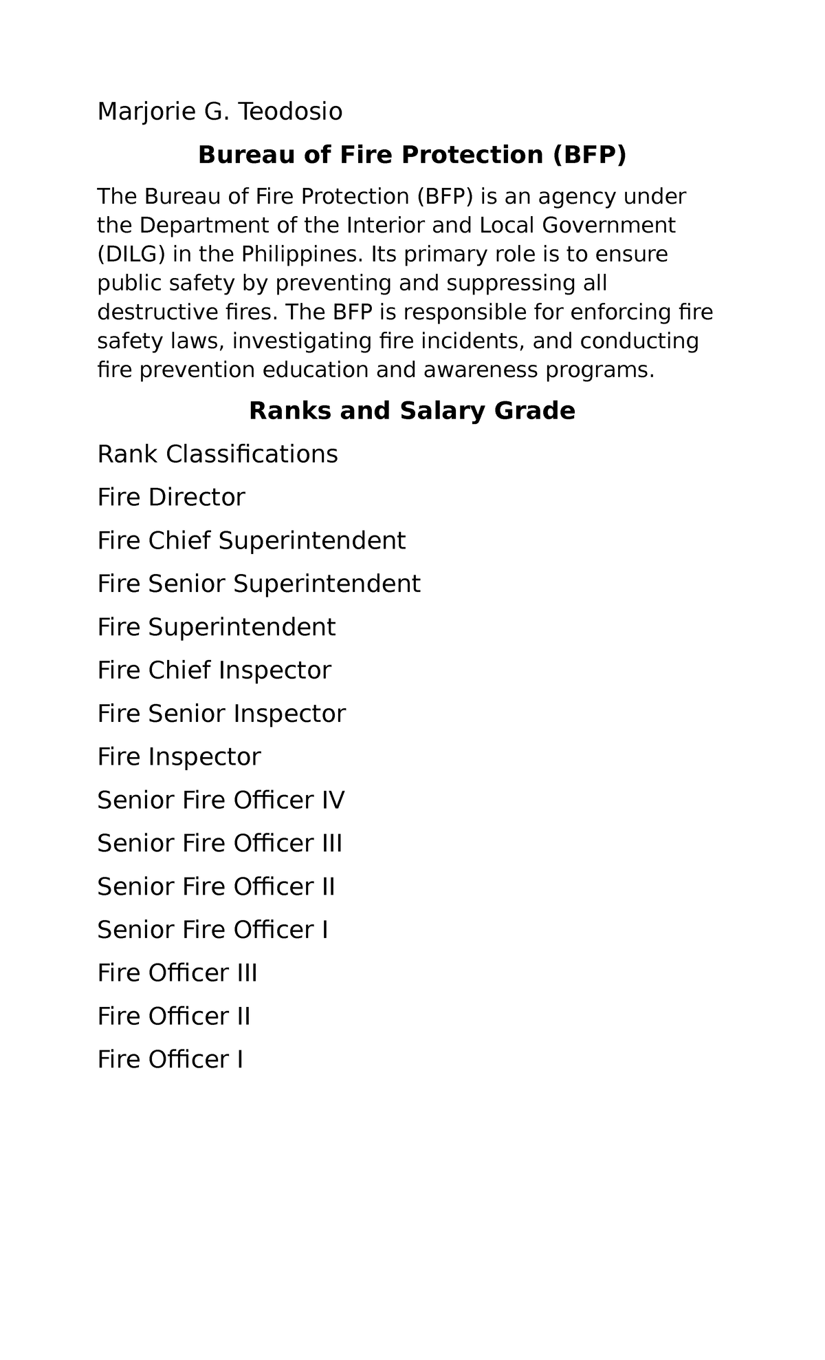 Assignment on Bureau of Fire Protection (BFP) Roles and Ranks - Studocu