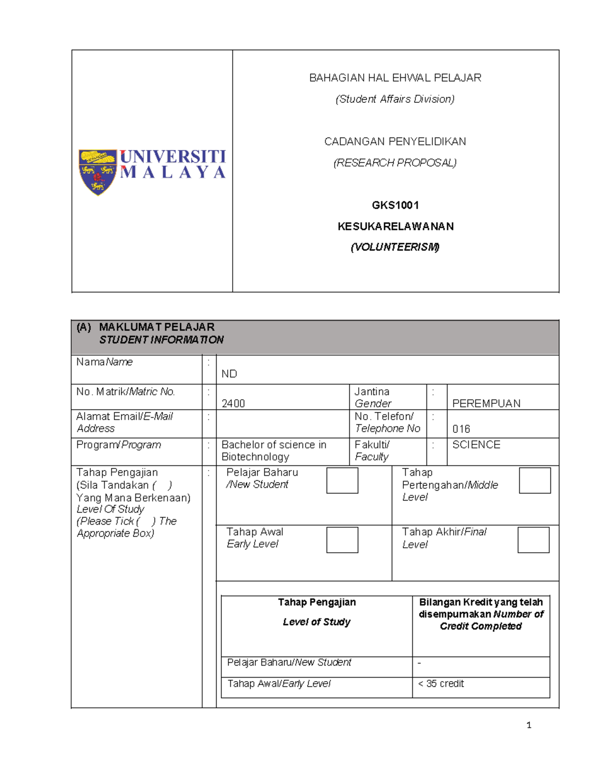 Volunteer Proposal - (Student Affairs Division) CADANGAN PENYELIDIKAN ...