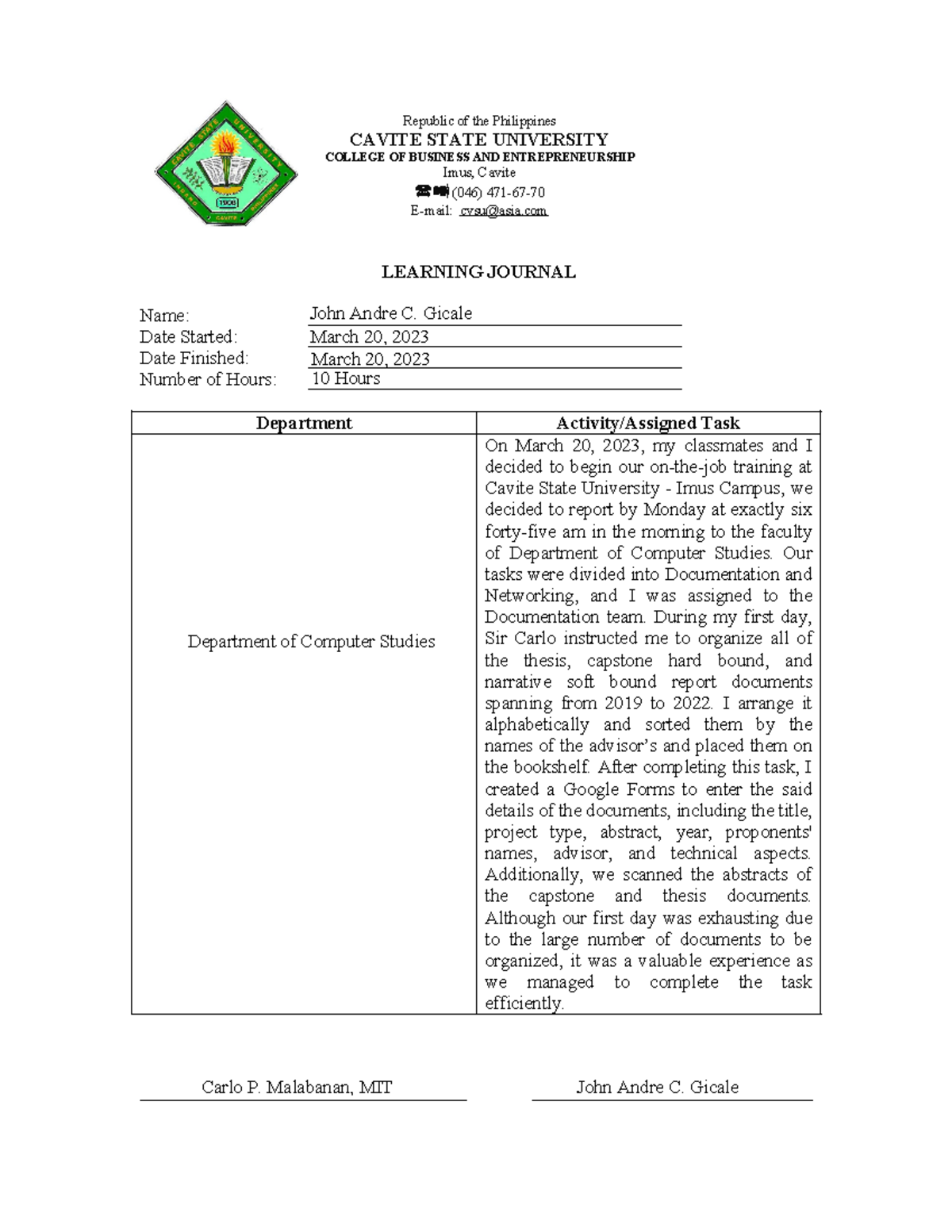 CAVITE STATE UNIVERSITY OJT Learning Journal for Computer Studies - Studocu