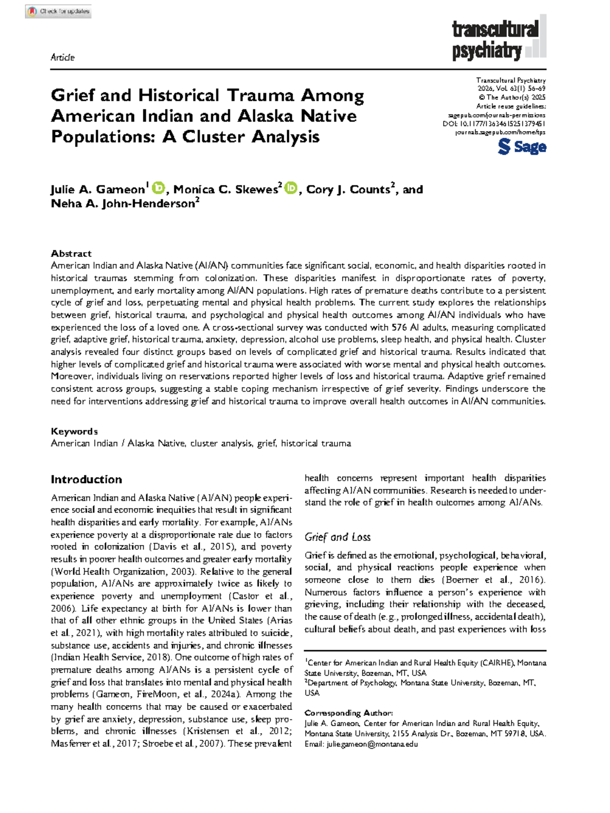 Grief and Historical Trauma in AI/AN Populations: A Cluster Analysis ...