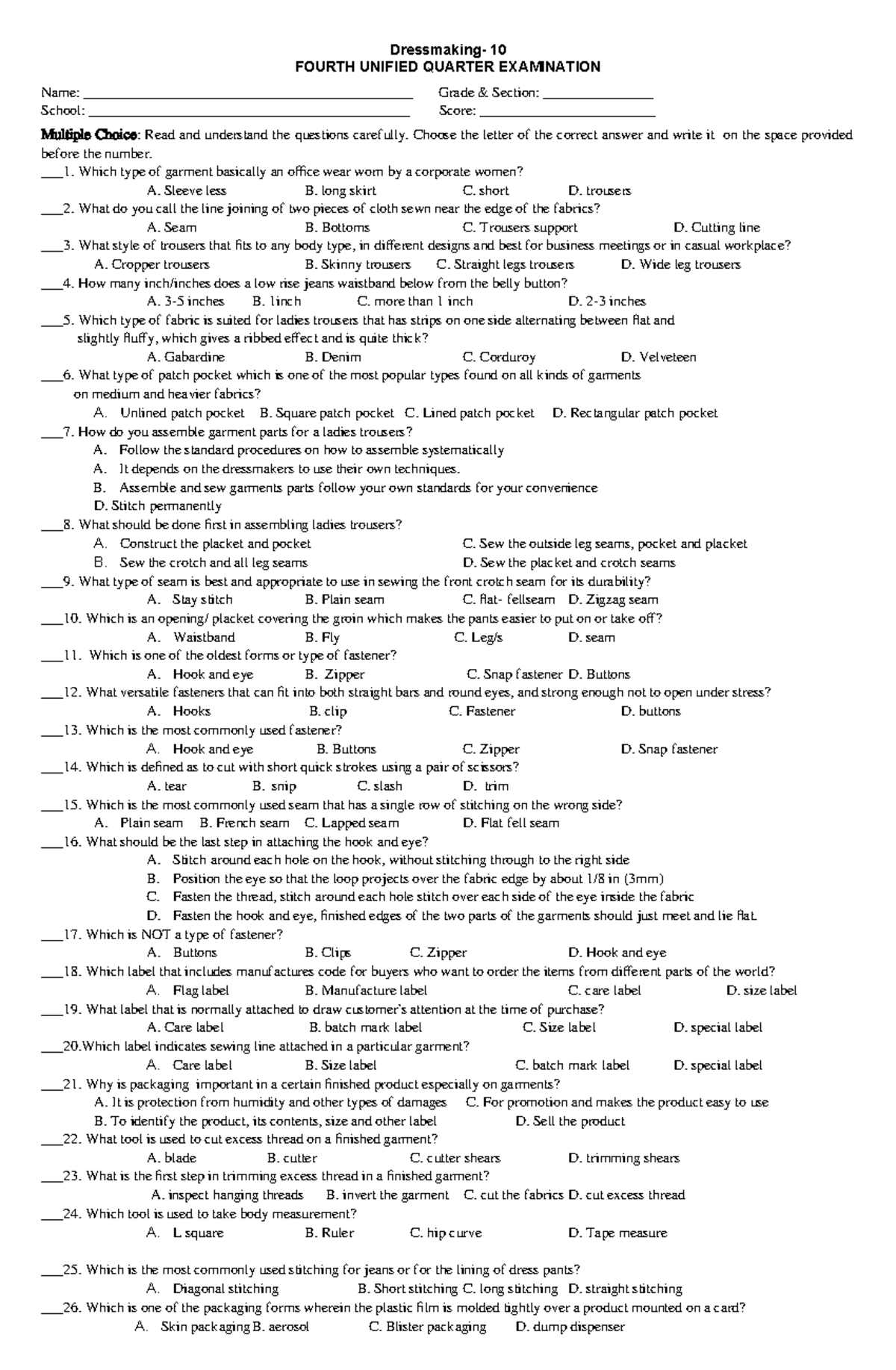 Grade 10 Dressmaking 4th Quarter Test Questions and Answers - Studocu