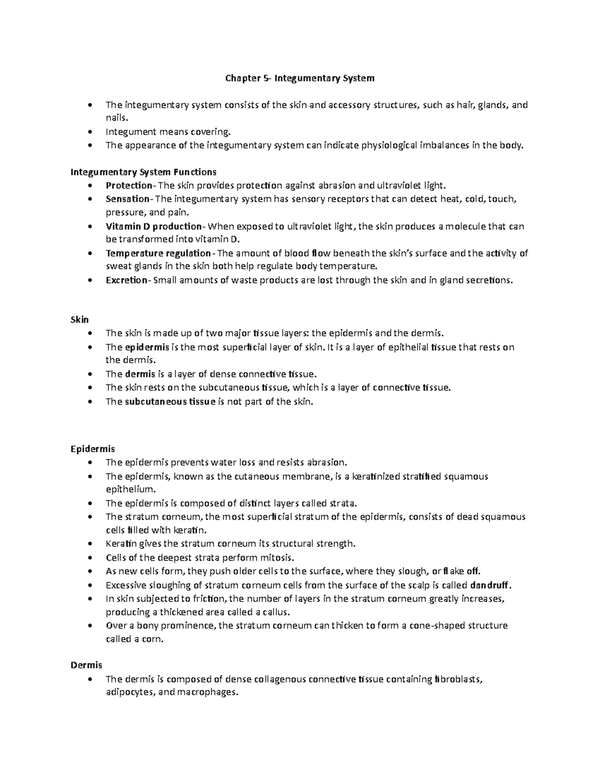 Chapter 5 Notes: Integumentary System Overview and Functions - Studocu