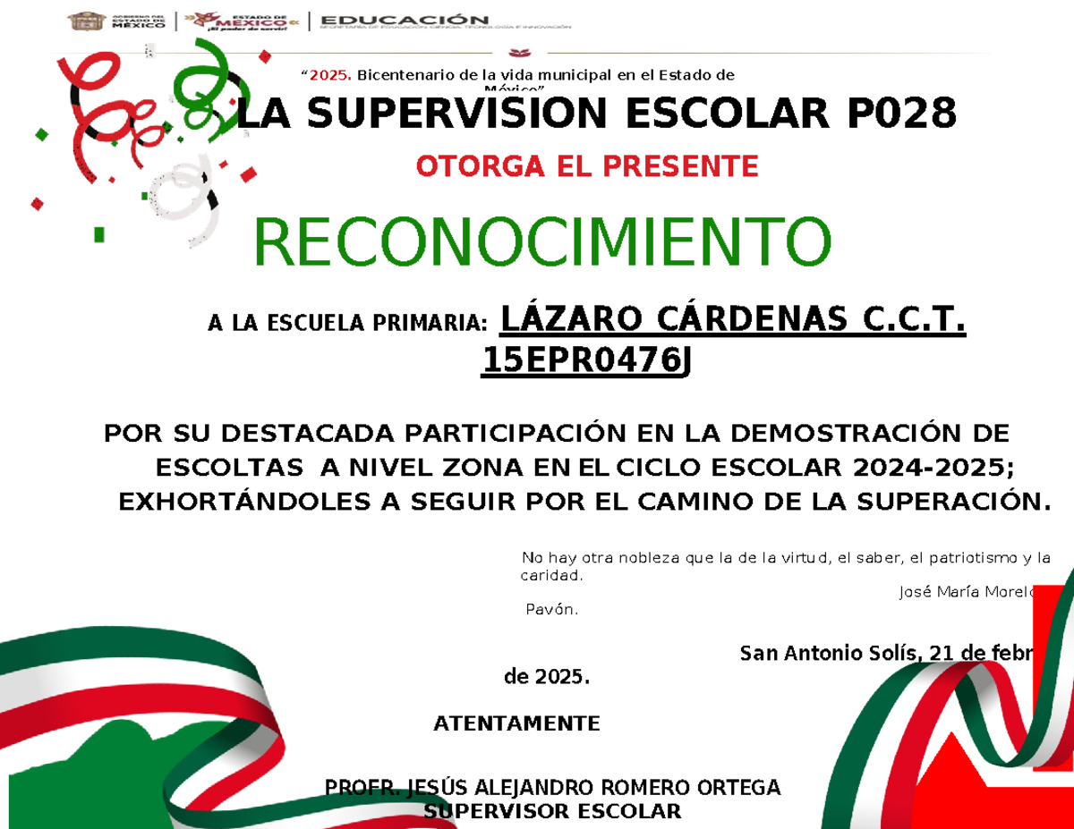 Reconocimientos Escoltas Correcto - LA SUPERVISIÓN ESCOLAR P OTORGA EL PRESENTE RECONOCIMIENTO A ...