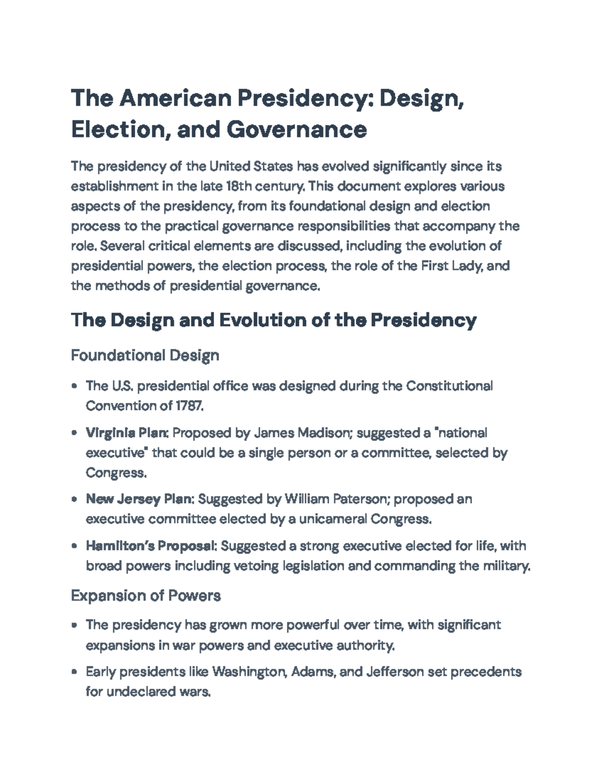 The U.S. Presidency: Design, Elections, and Governance Overview - Studocu