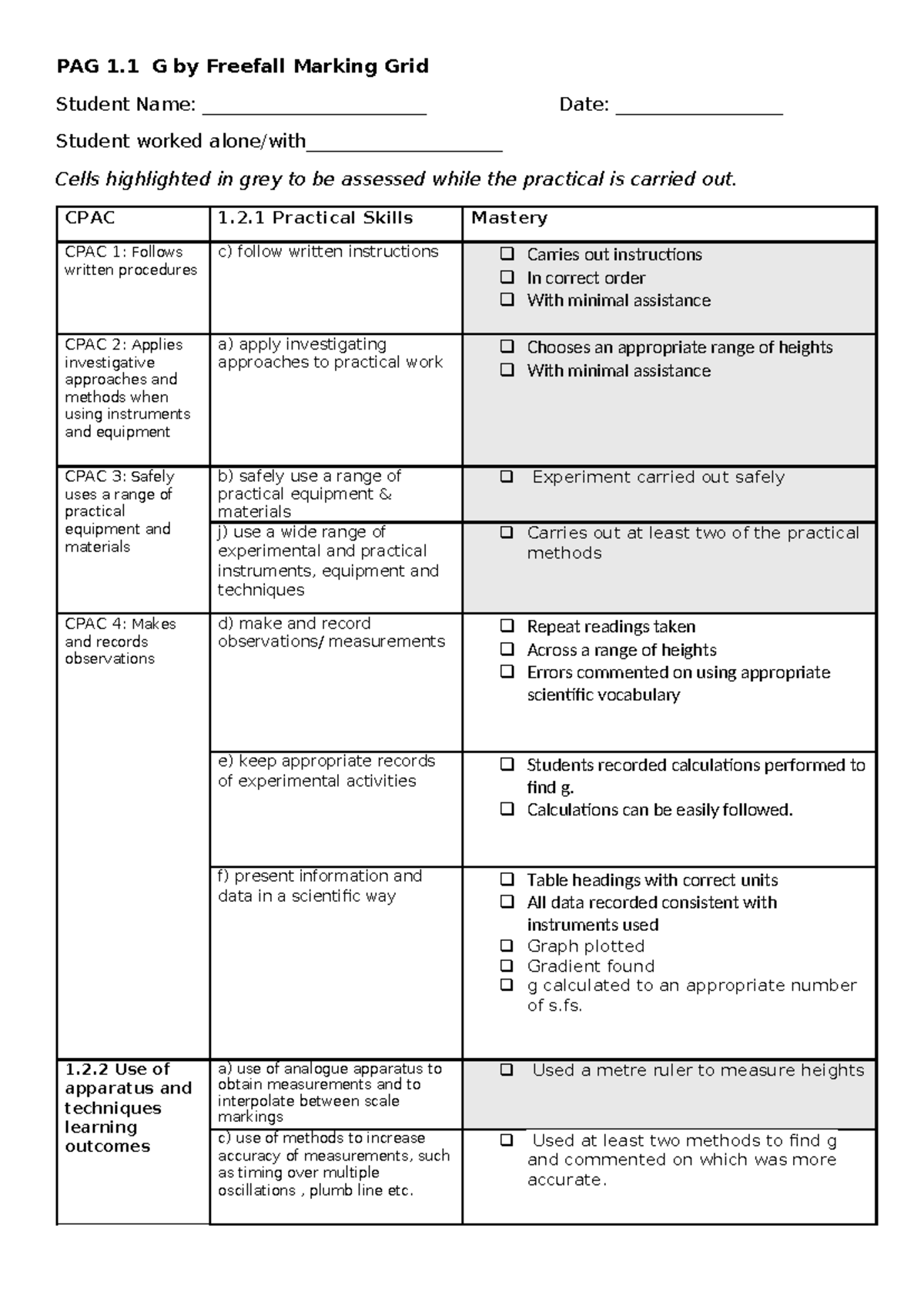 PAG 1.1 G Freefall Marking Grid & Practical Skills Assessment - Studocu