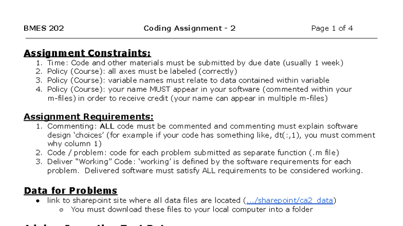 BMES 301 & 302 Coding Assignment Guidelines and Requirements - Studocu