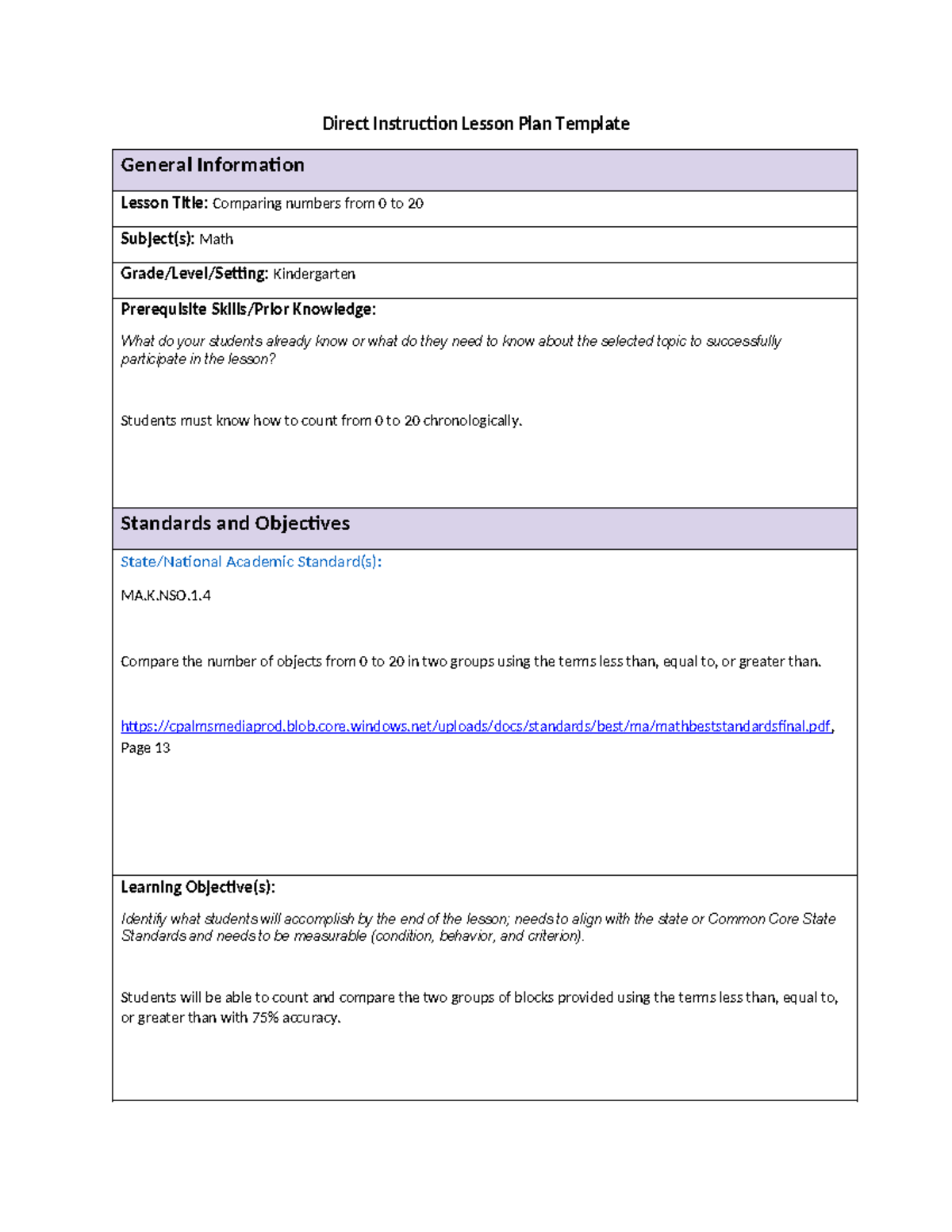 Elementary Mathematics KND Lesson Plan: Comparing Numbers 0-20 - Studocu