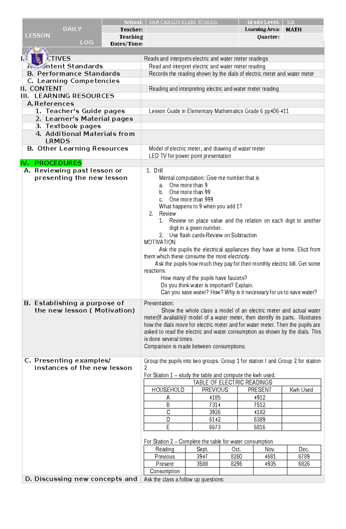 MATH-6-COT Lesson Notes on Reading Electric & Water Meters - Studocu