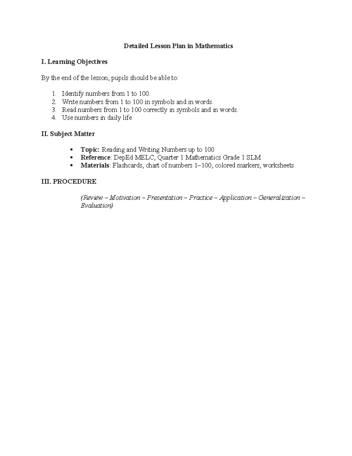Detailed Lesson Plan in Math I: Reading & Writing Numbers up to 100 ...