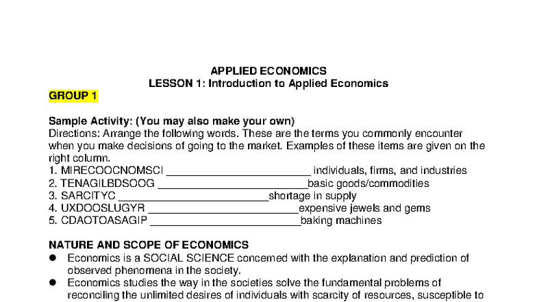 APPLIED ECONOMICS LESSON 1: Understanding Scarcity and Opportunity Cost ...