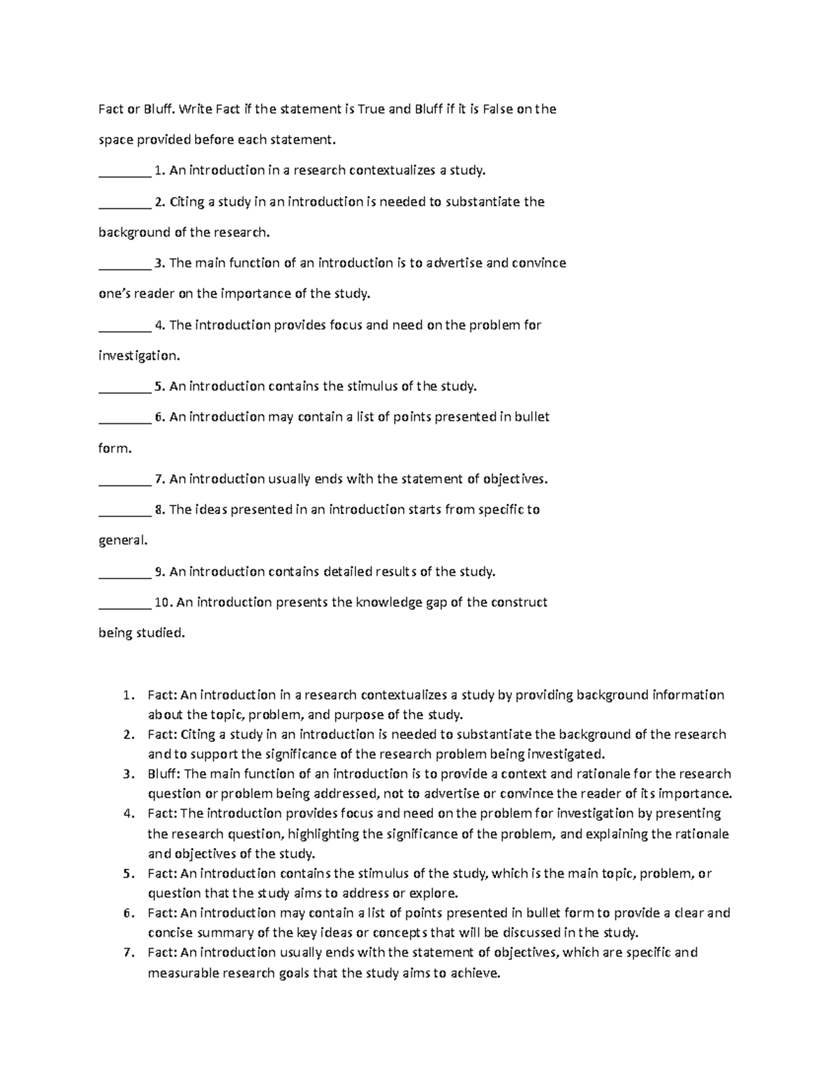 Lesson 5 - Fact or Bluff: Understanding Research Introductions - Studocu