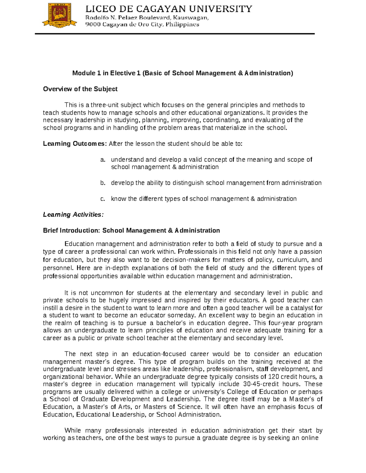 Module 1: Basics of School Management & Admin (Weeks 1 & 2) - Studocu