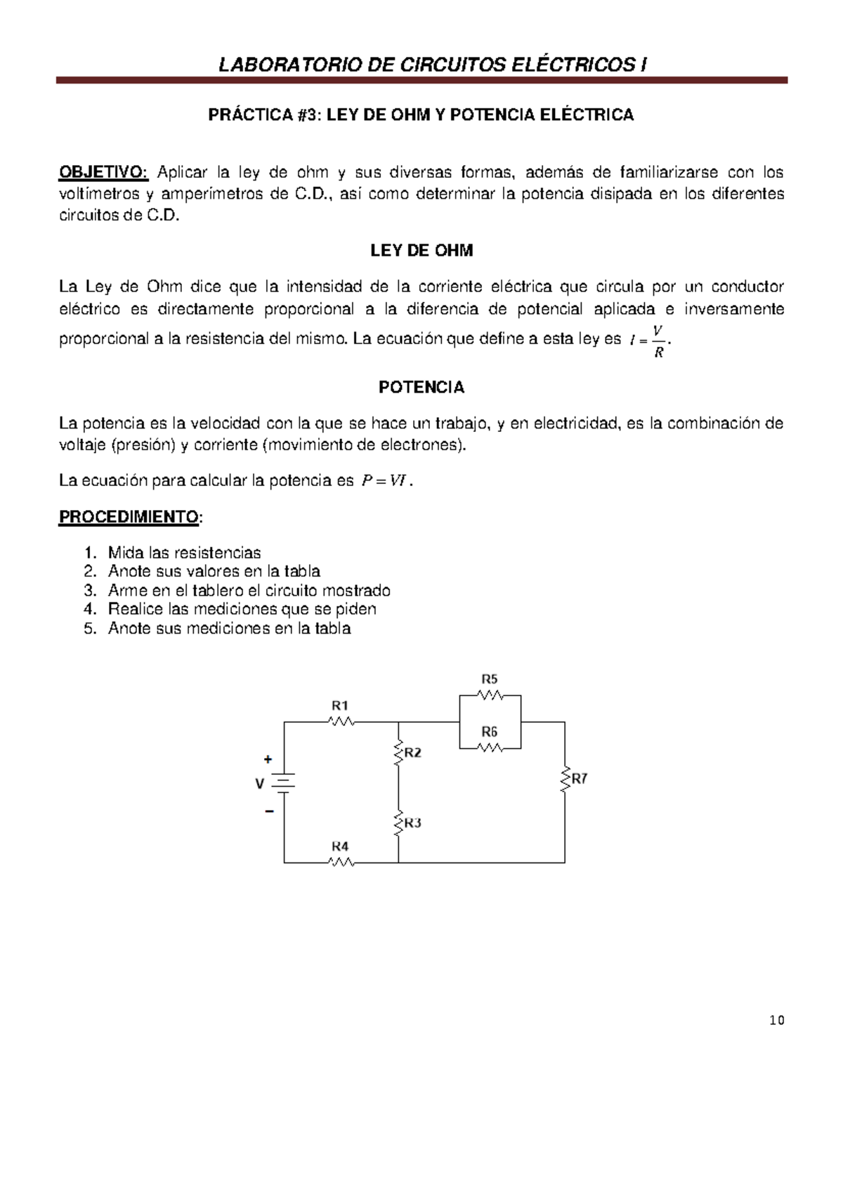 LB CE1 - Práctica 3 - LABORATORIO DE CIRCUITOS ELÉCTRICOS I 10 PRÁCTICA #3: LEY DE OHM Y ...