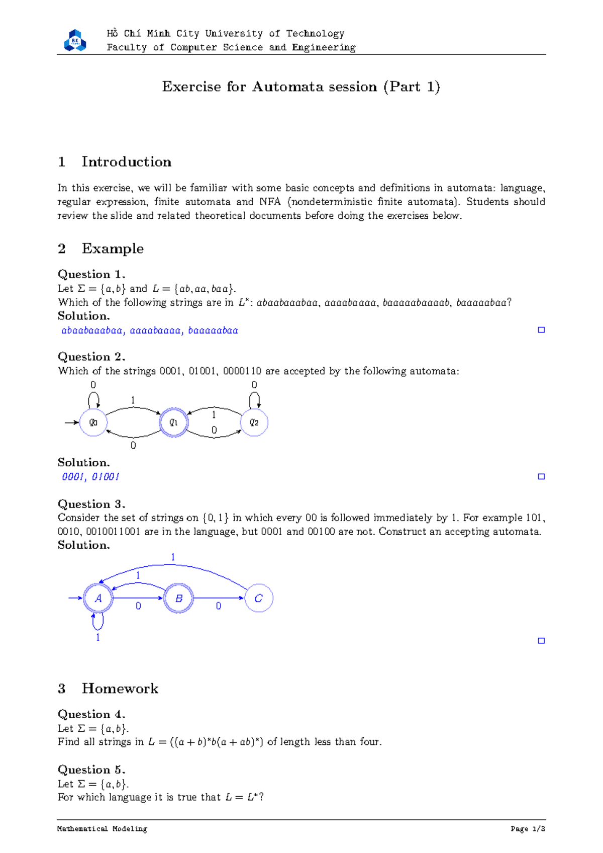 Automata Exercise 1: Basic Concepts and Practice Problems - Studocu