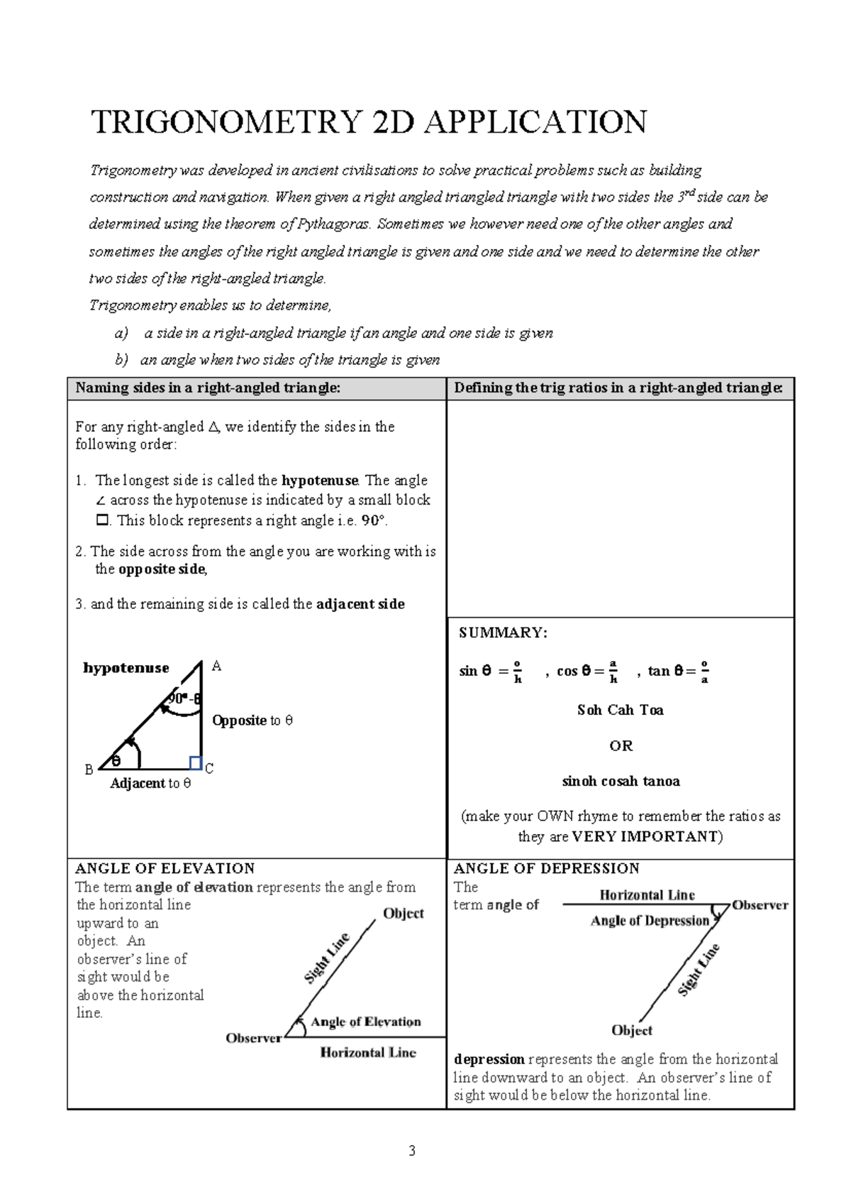 Grade 10 2D TRIG Notes: Applications of Trigonometry in Right Triangles ...