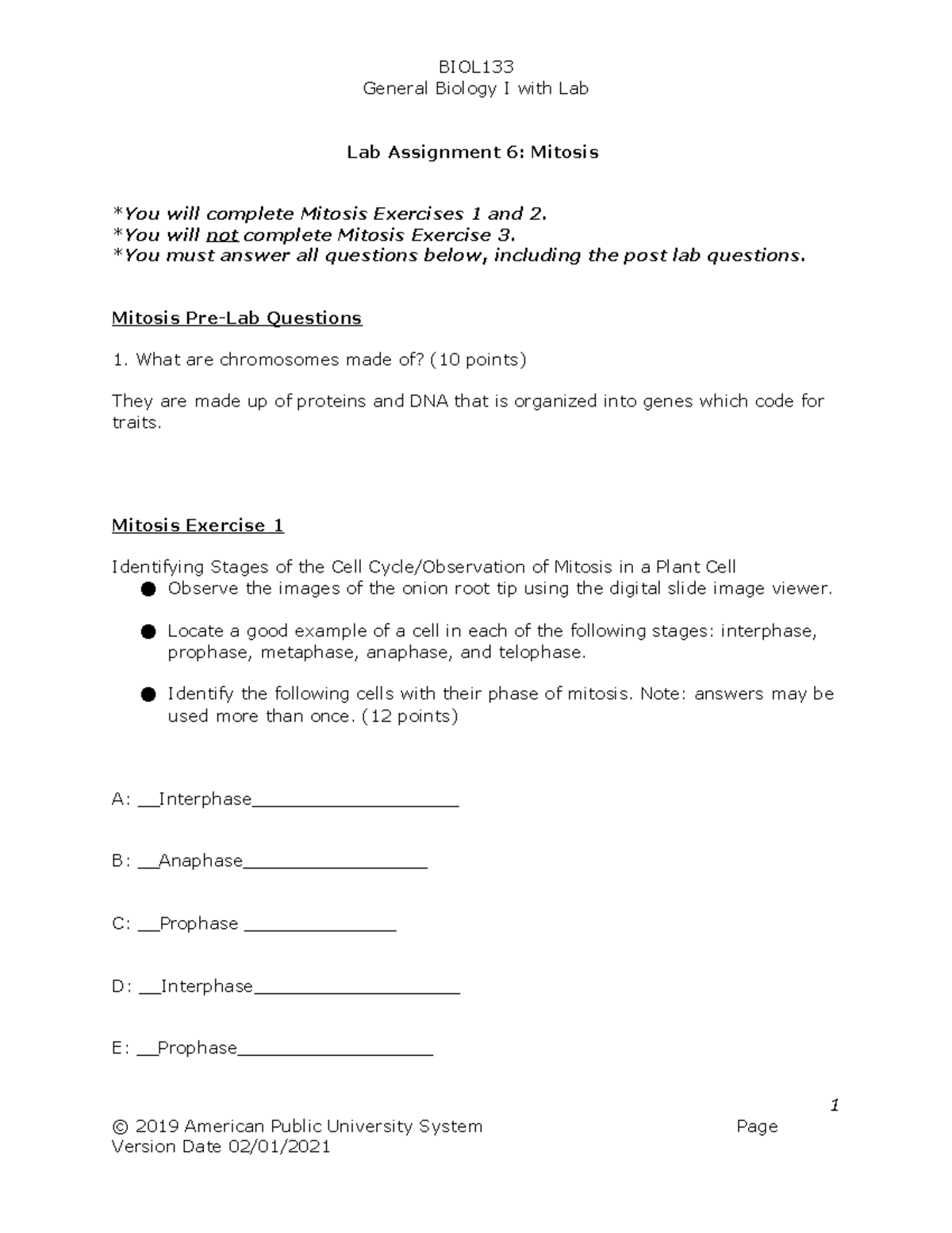 Mitosis Digital Lab BIOL133 (1) - BIOL General Biology I with Lab Lab ...